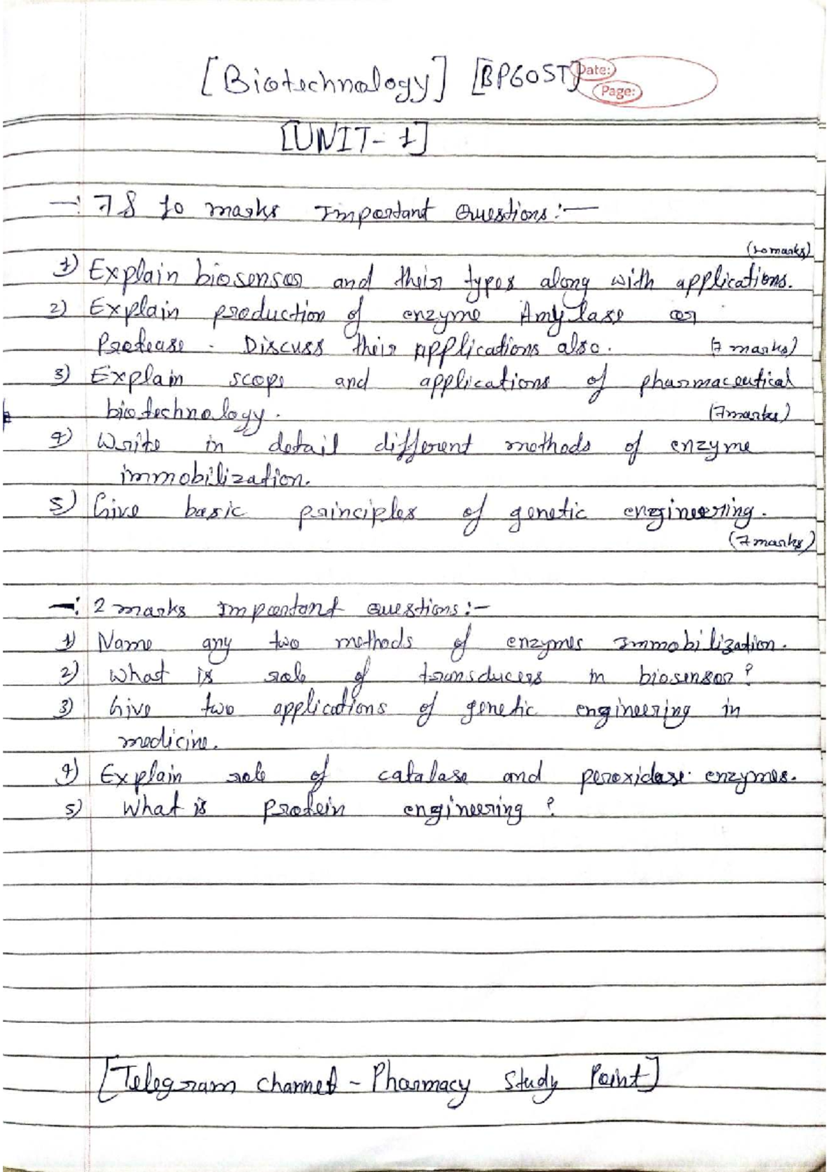 Biotechnology Important Questions: B. Pharm 6th Sem Exam Prep - Studocu