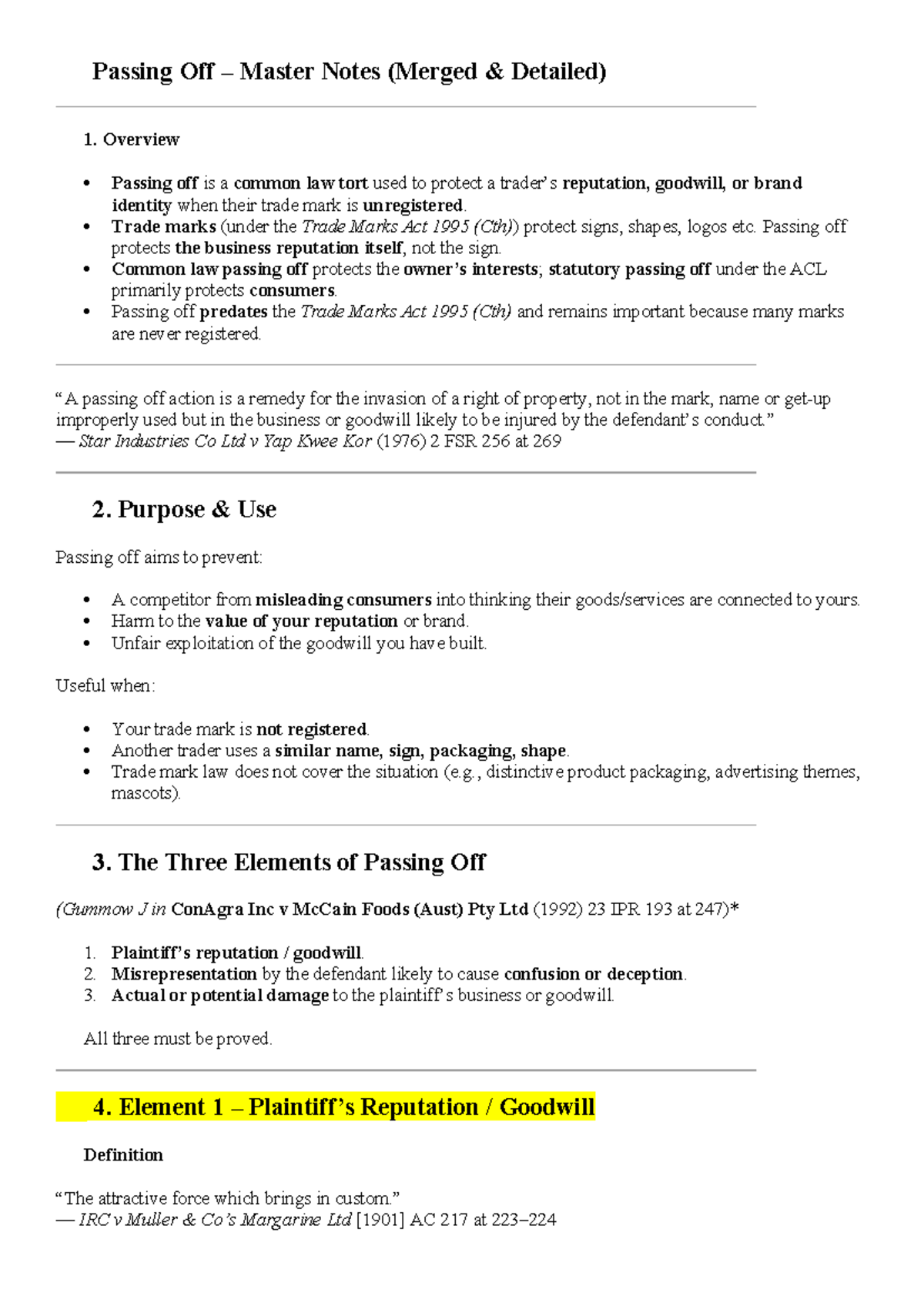 Lecture 2: Passing Off - Portfolio 2 Notes (Detailed Overview) - Studocu