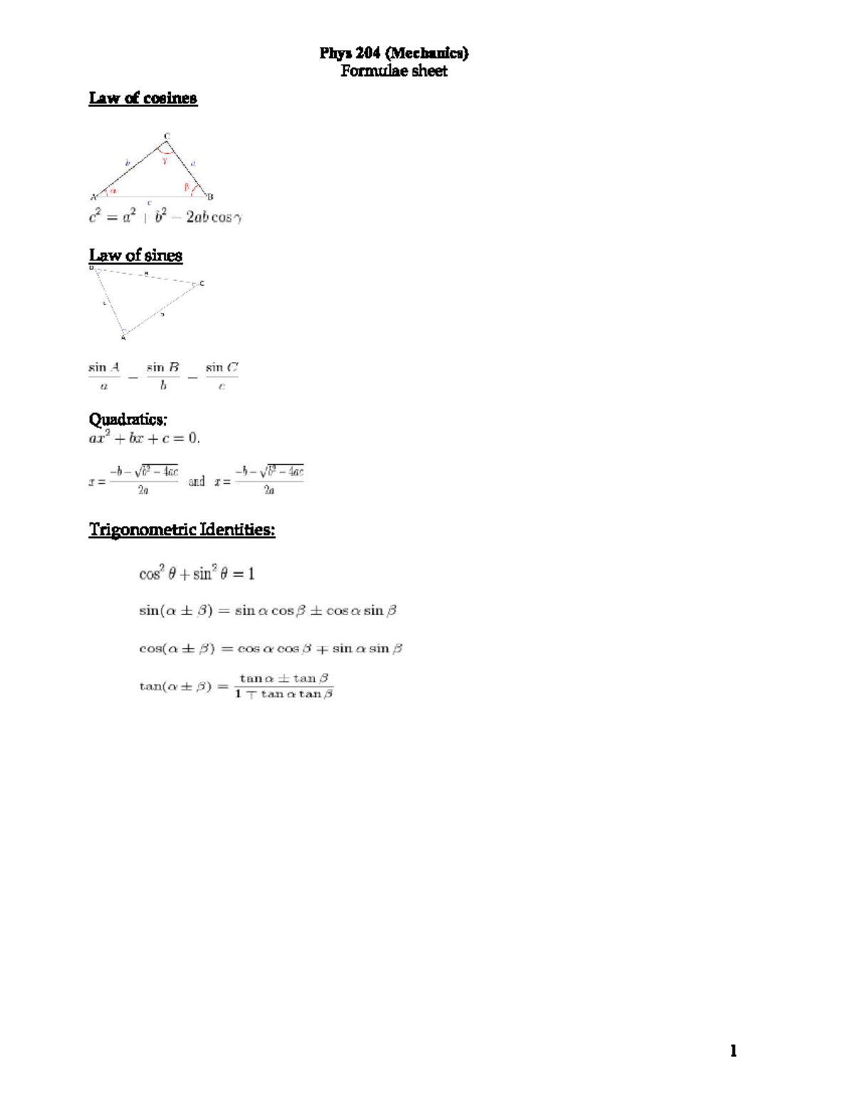 Phys 204 Final Exam Formula Sheet: Mechanics & Trigonometric Identities ...