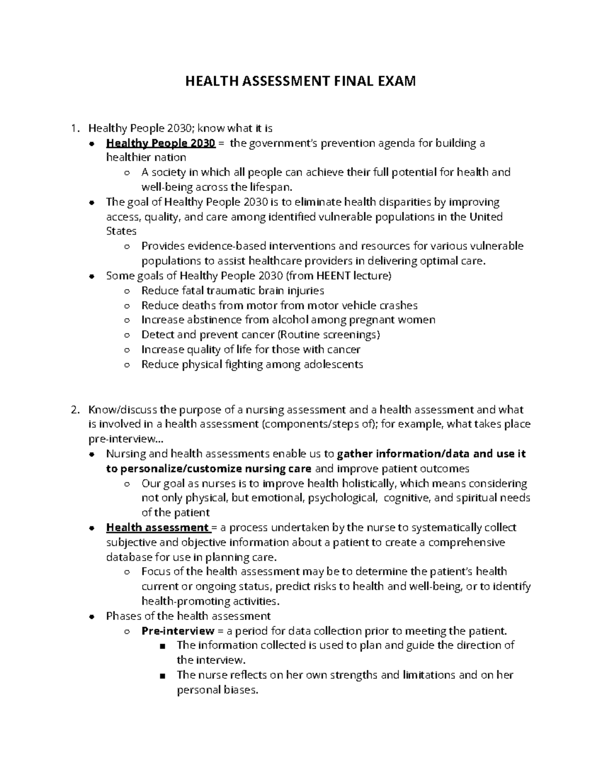 Health Assessment Review Guide for Nursing Final Exam - HEALTH ...
