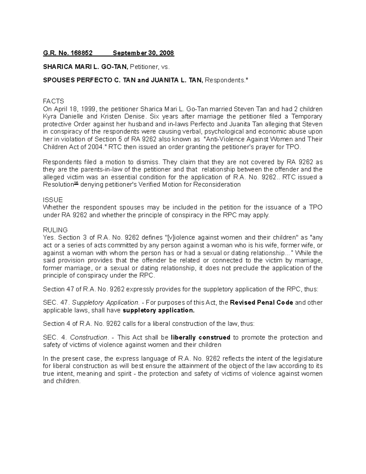 Case Study #11: Go-Tan vs. Tan, G.R. No. 168852, RA 9262 Insights - Studocu