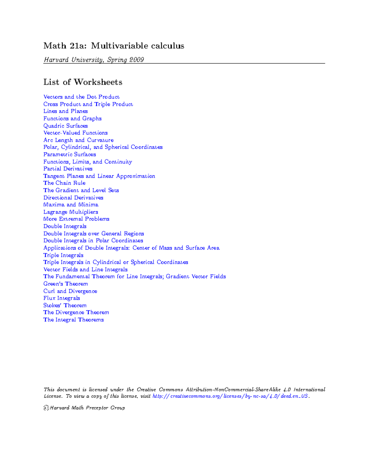 Math 21a: Spring 2009 Multivariable Calculus Worksheets - Studocu