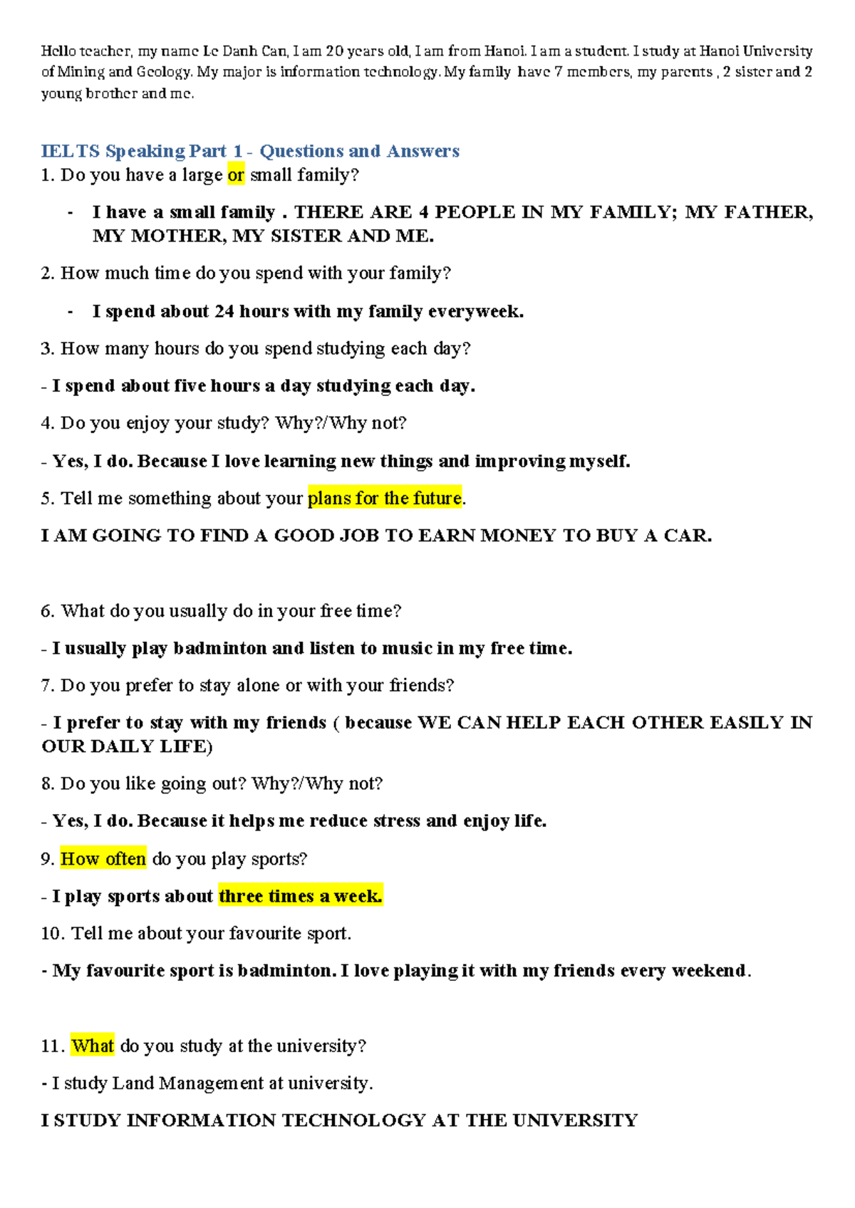 IELTS Speaking Part 1: Questions & Answers Guide - Studocu