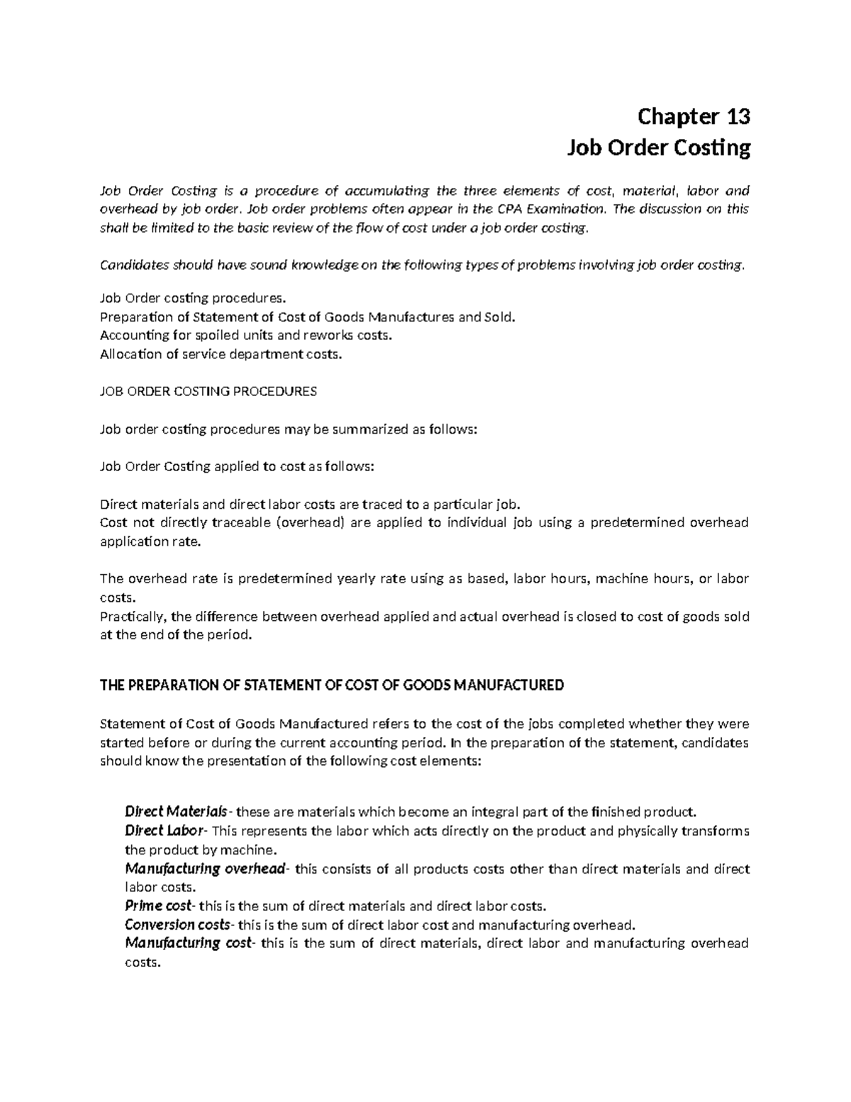 Chapter 13 Job Order Costing - Chapter 13 Job Order Costing Job Order ...