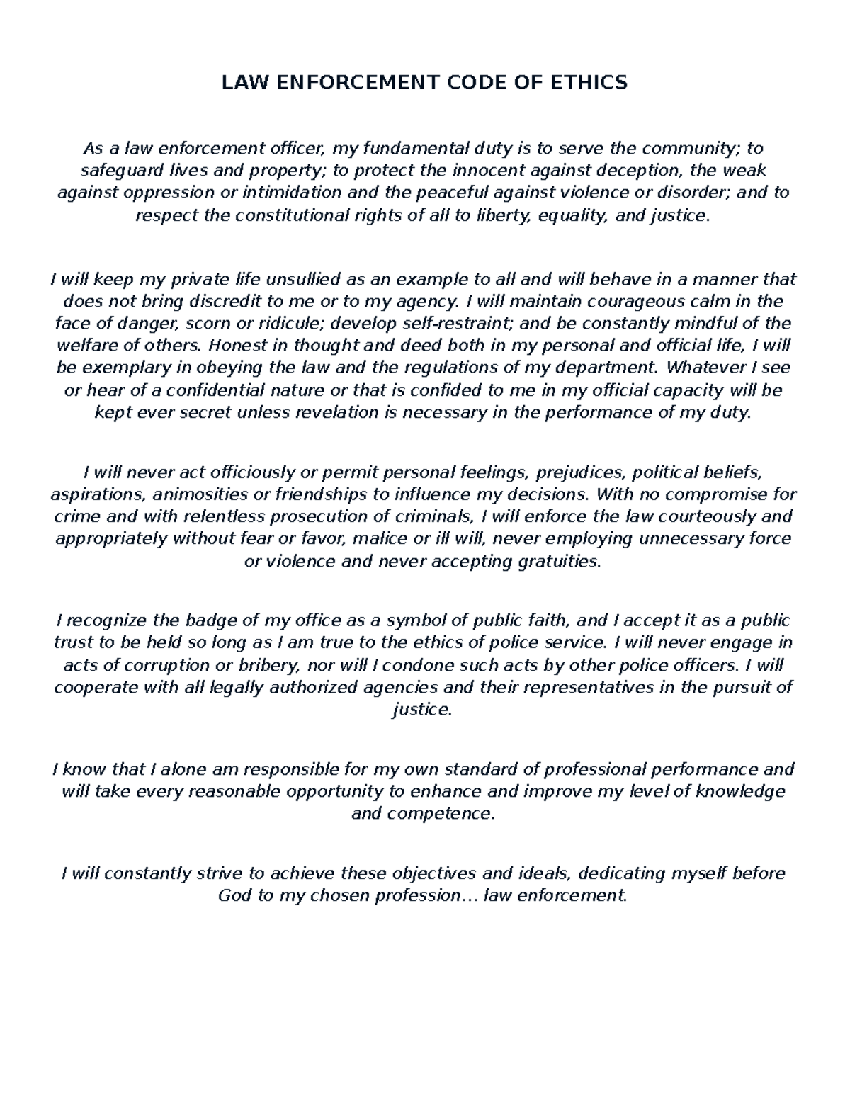 LAW 101: Law Enforcement Code of Ethics Overview and Analysis - Studocu