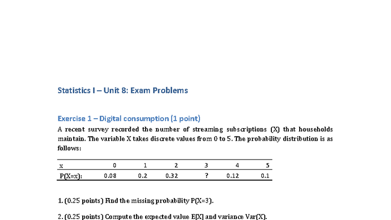 Statistics I Unit 8: Exam Problems on Digital Consumption and More ...