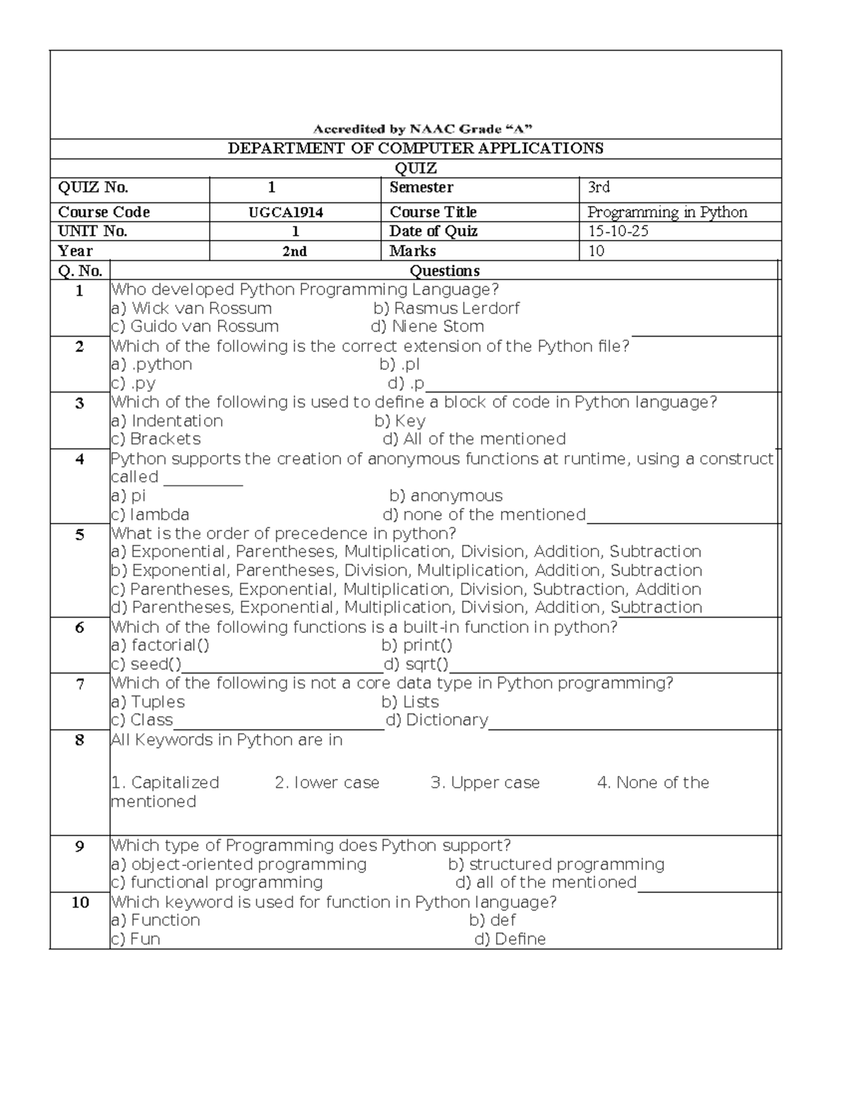 QUIZ 1: Programming in Python (UGCA1914) - Semester 3 - Studocu