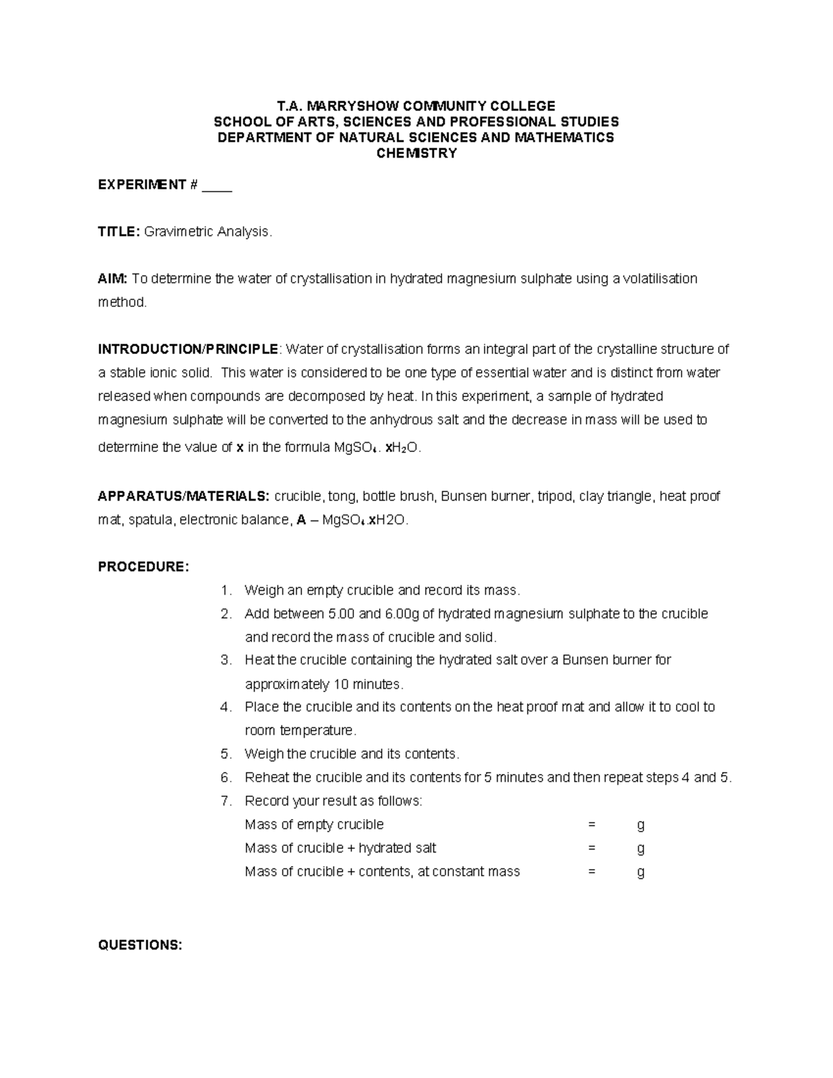 CHEM 101: Gravimetric Analysis of Hydrated MgSO4 - Water of ...