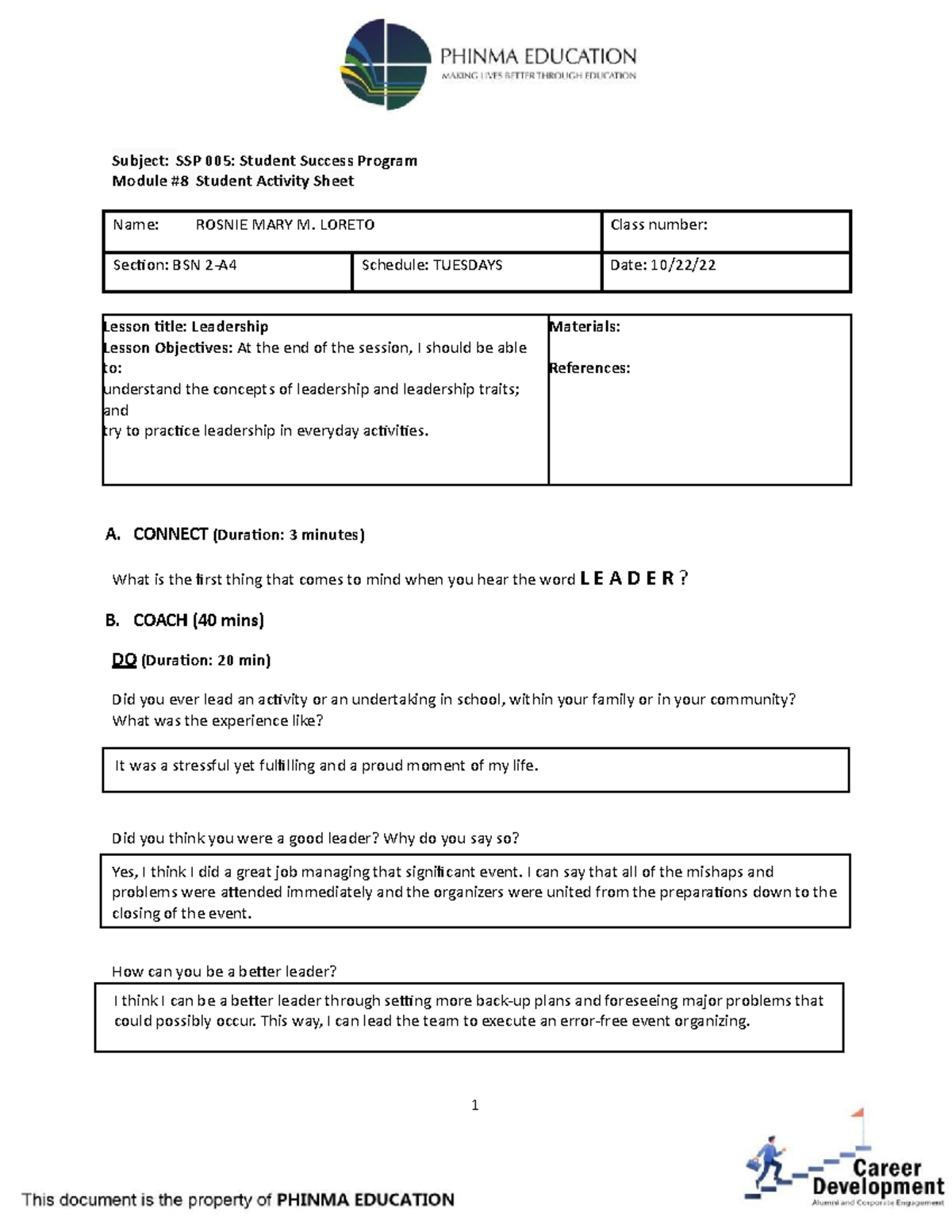 SSP 005 Module 8: Leadership Concepts and Personal Reflections - Studocu