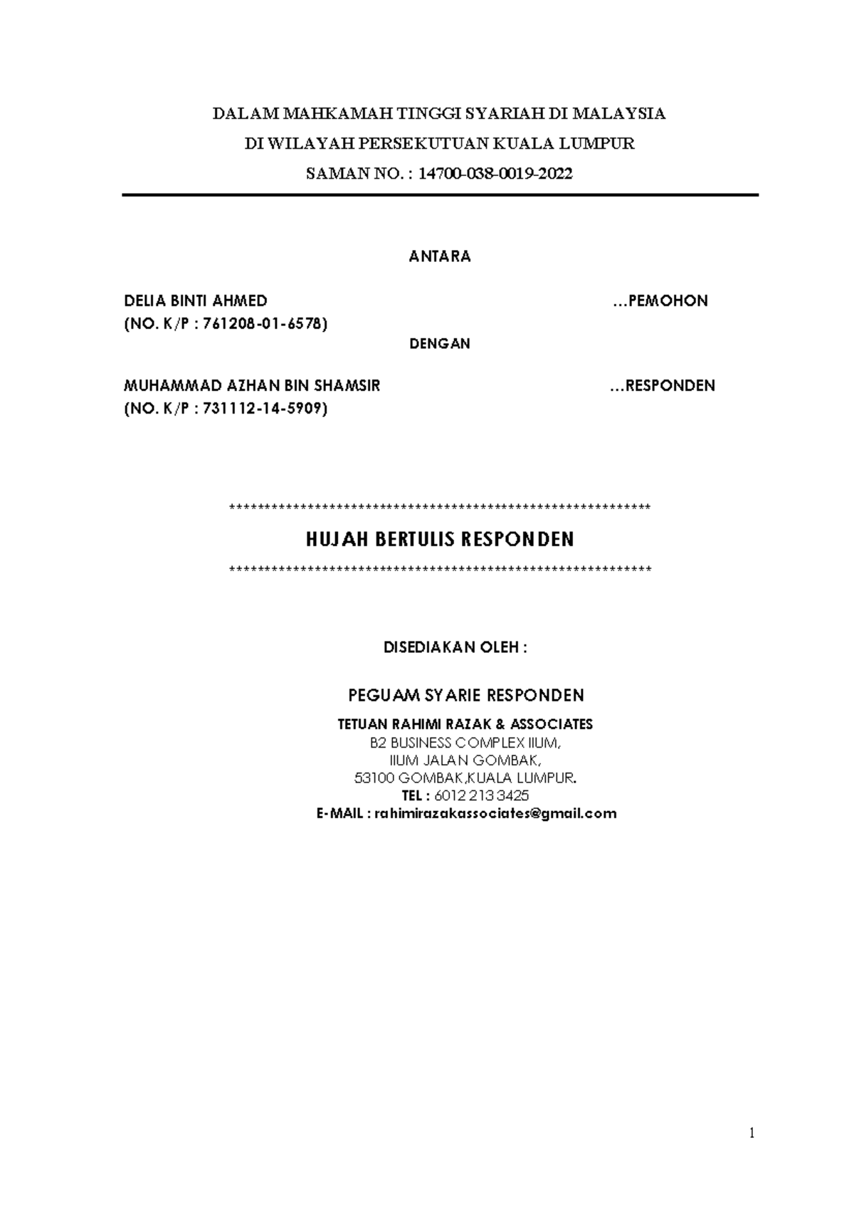 Hujahan Bertulis Responden dalam Kes Saman Nafkah Anak (Mahkamah ...