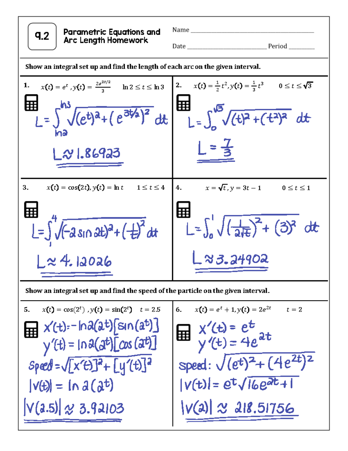 Practice 9.2 - Parametric Equations & Arc Length Homework Key - Studocu