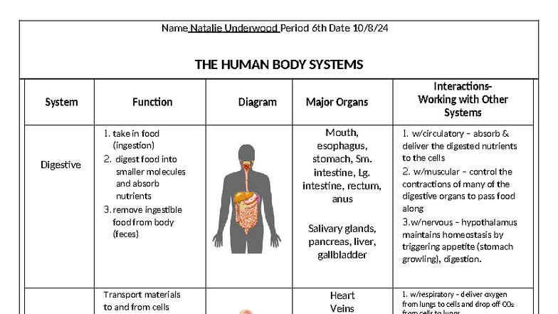 Body Systems Interactions Chart - Student Notes (Bio 101) - Studocu