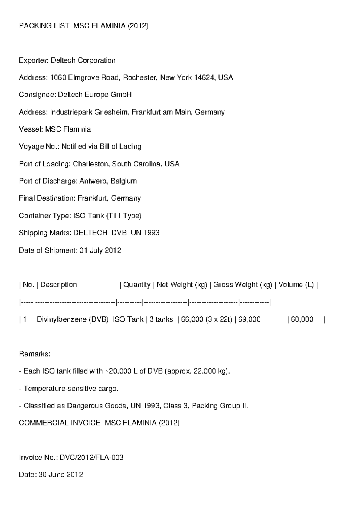MSC Flaminia 2012: Packing List, Invoice & Safety Data for DVB - Studocu