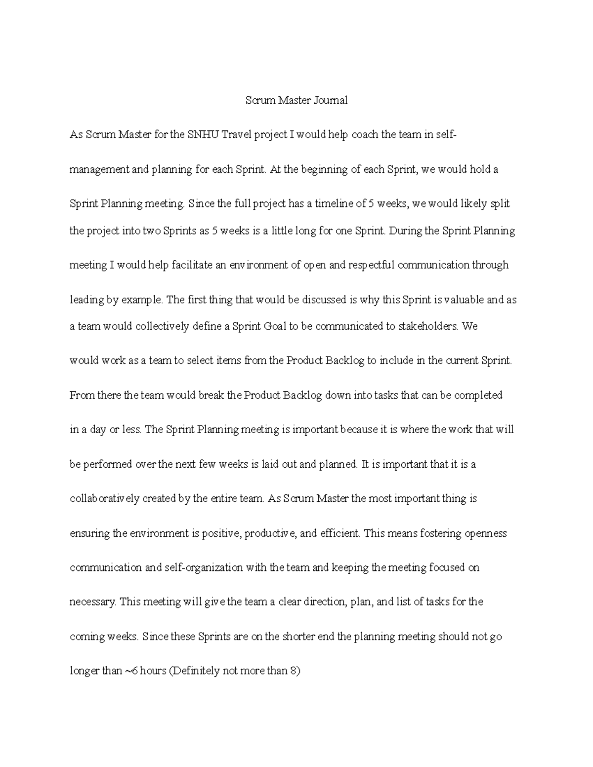 Scrum Master Journal: Sprint Planning for SNHU Travel Project - Studocu
