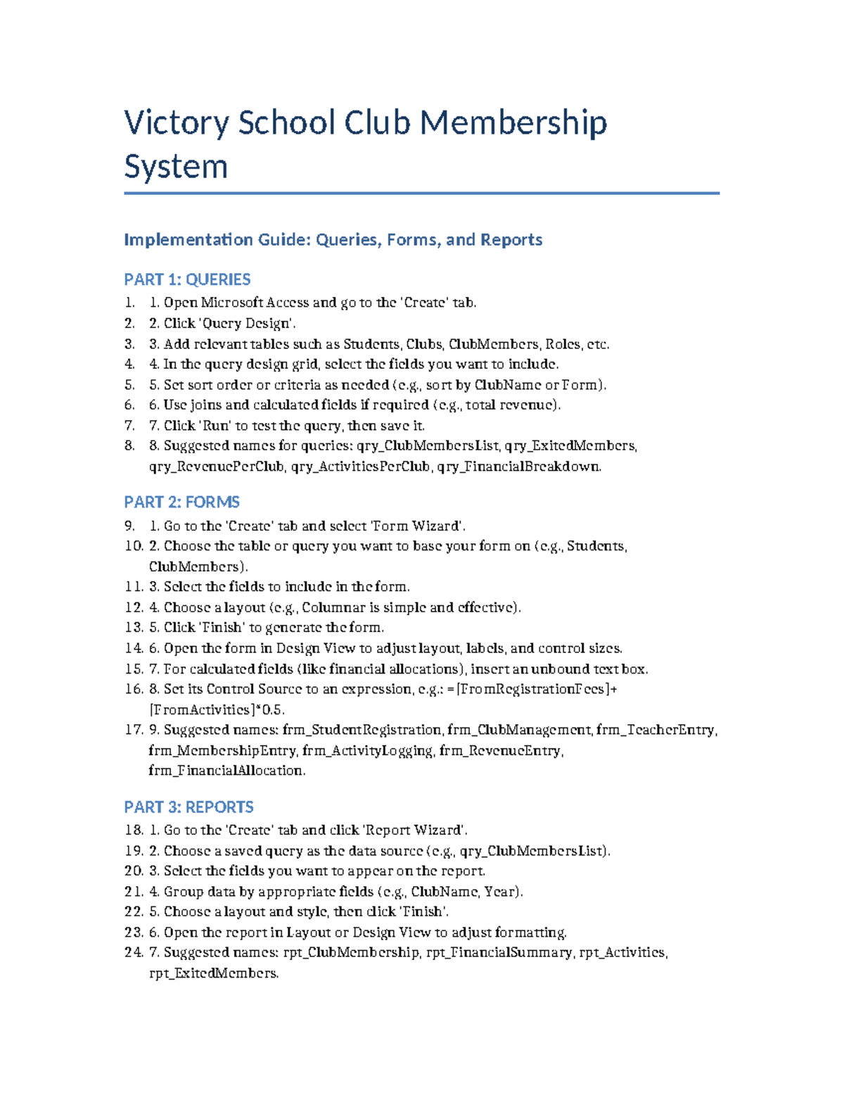 Victory School Club Membership System Implementation Guide: Queries ...