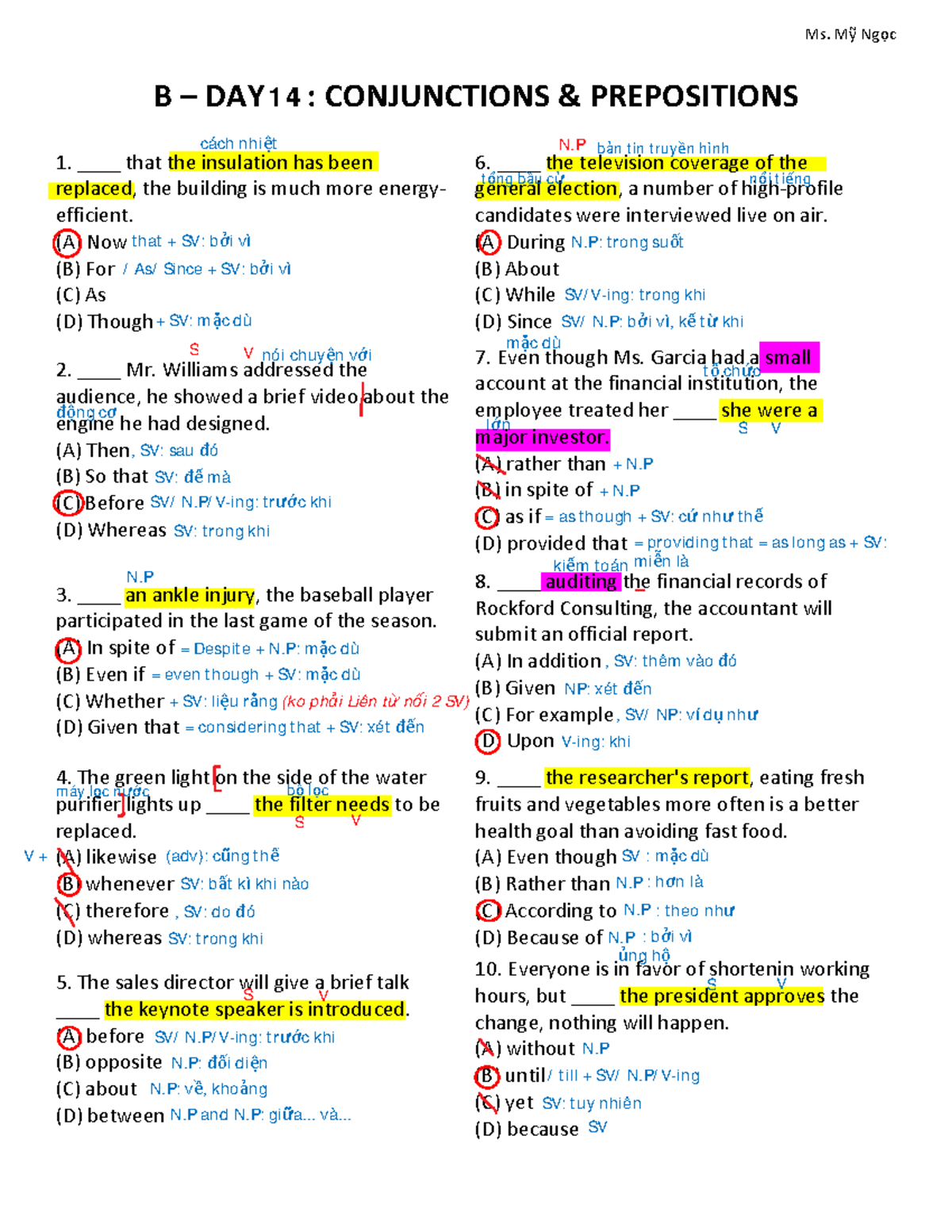 B - DAY 14: Practice on Conjunctions & Prepositions - Studocu
