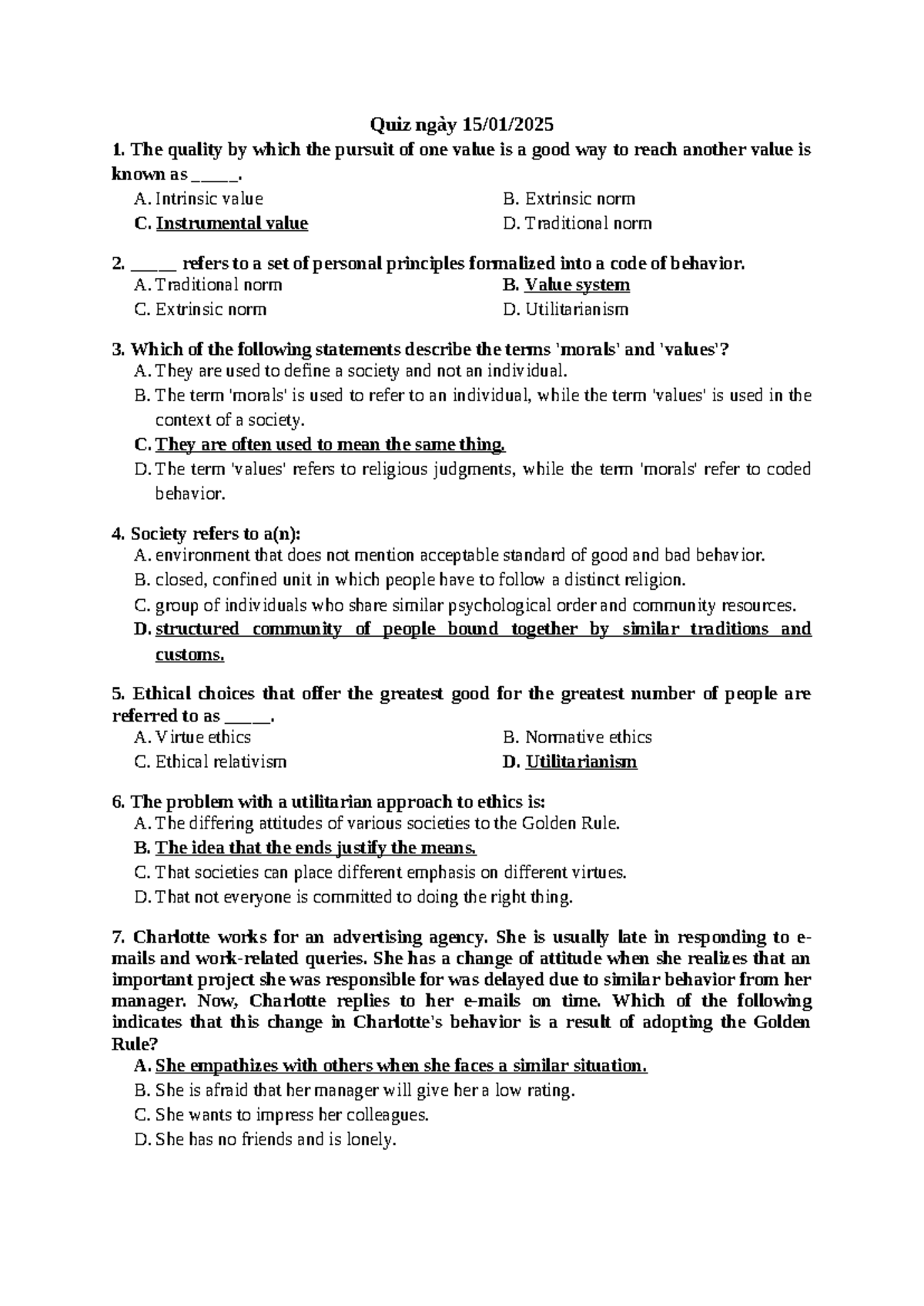 Quiz môn Business Ethics: Key Concepts and Ethical Dilemmas - Studocu