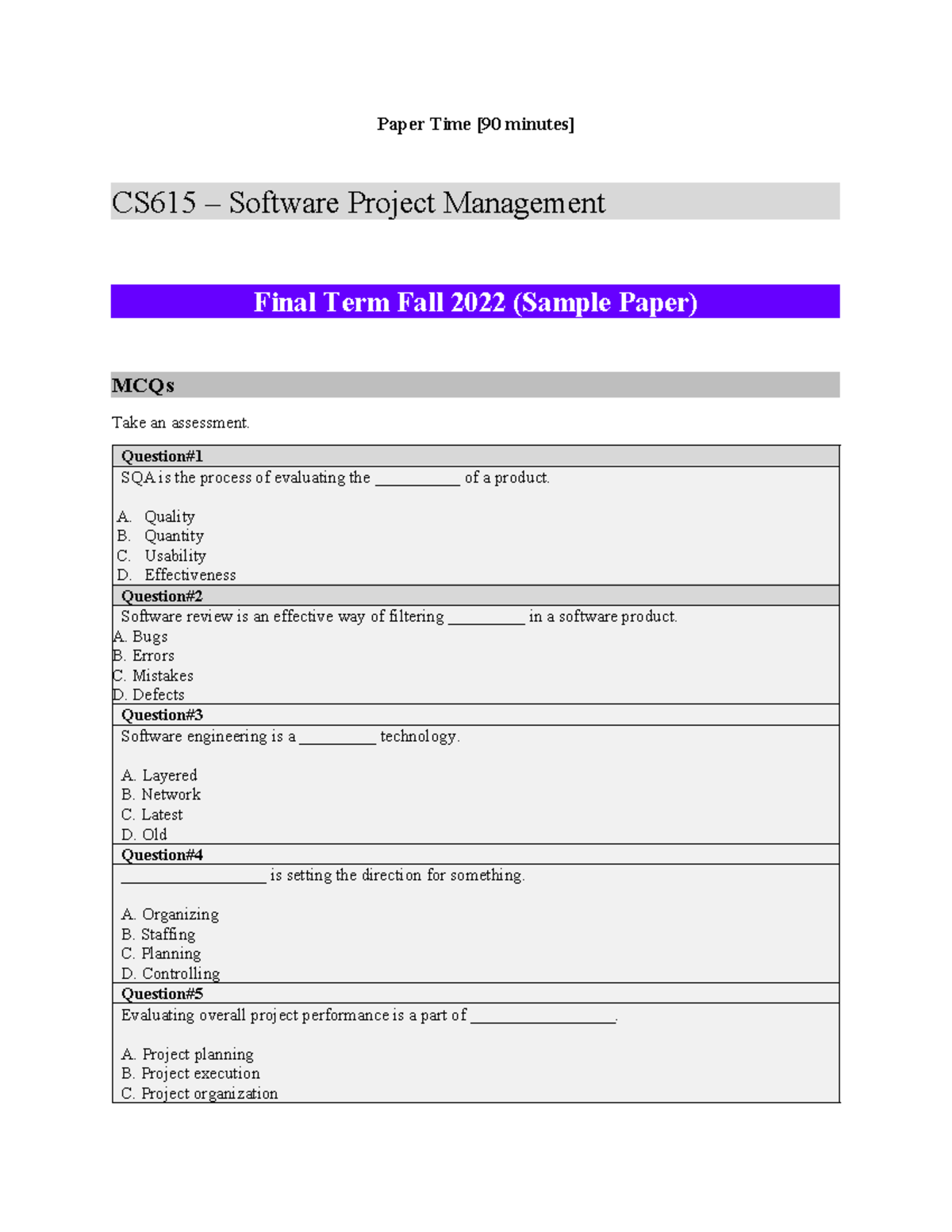 CS615 Final Term Fall 2022 Sample Paper – Software Project Management - Studocu