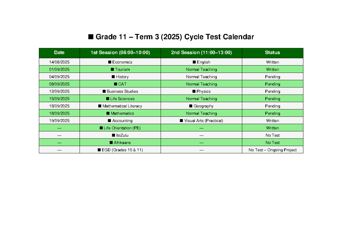 Grade 11 Term 3 (2025) Cycle Test Calendar Overview - Studocu