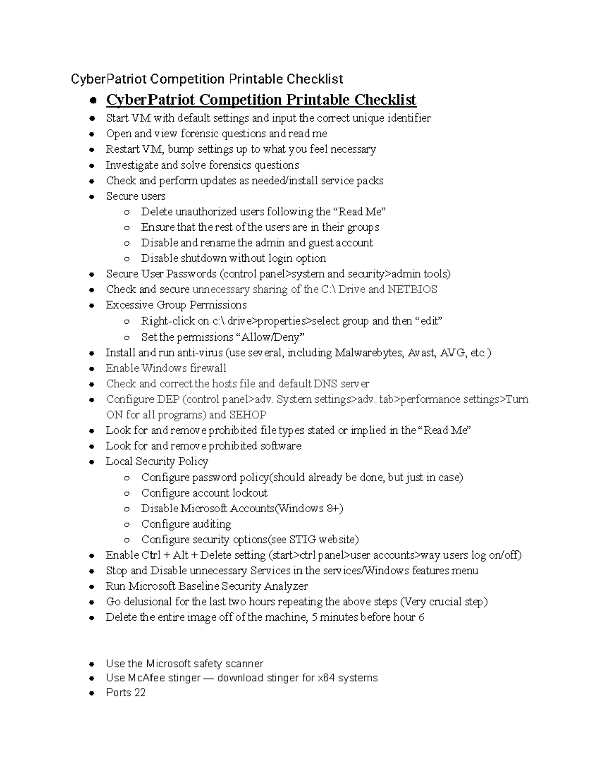CyberPatriot Competition: Windows 10 Security Checklist - Studocu