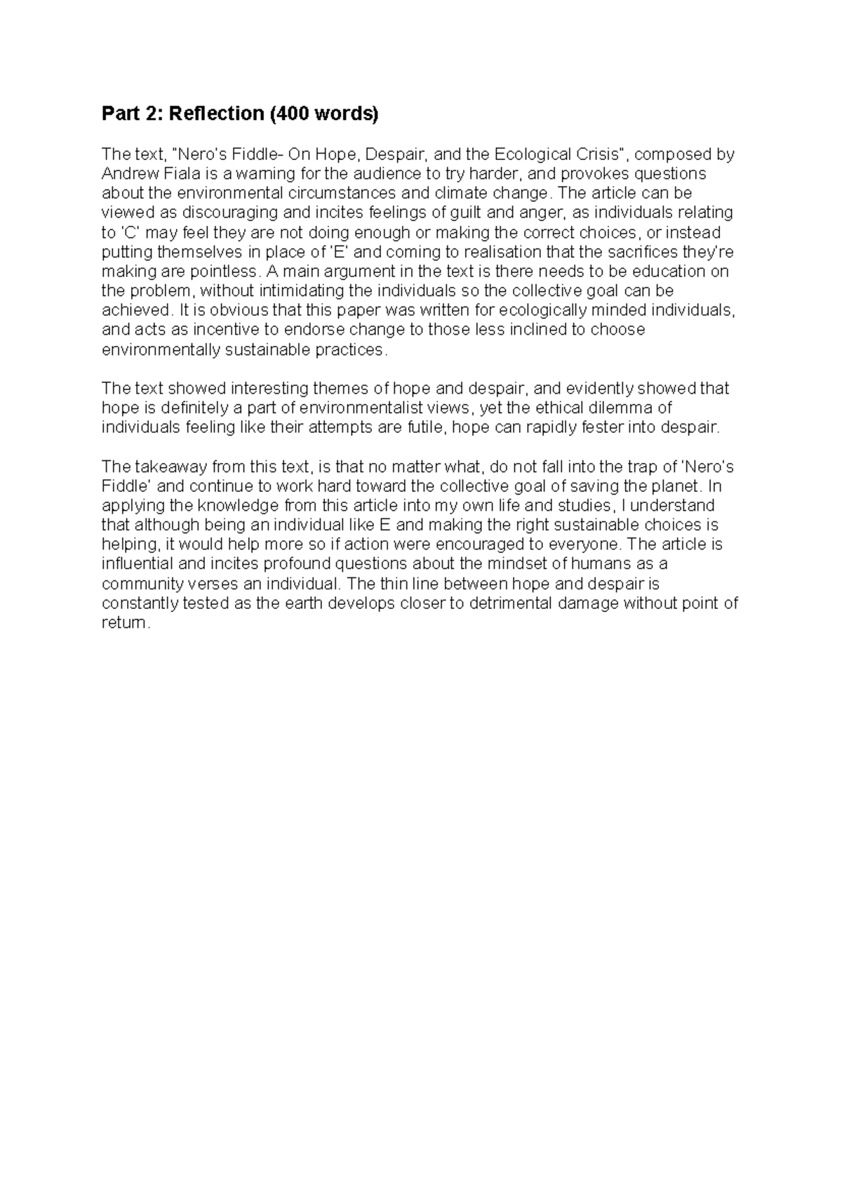 Part 2: Reflection on Hope and Despair in Ecology - Studocu