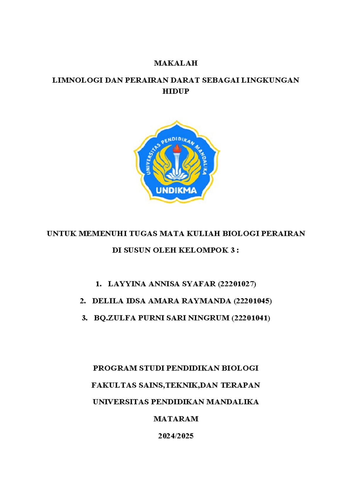 Makalah Limnologi dan Perairan Darat sebagai Lingkungan Hidup KLP 3 ...
