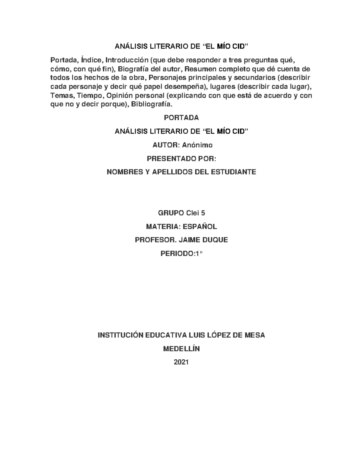 Análisis Literario del Poema "El Cantar de Mio Cid" - Español 1° - Studocu