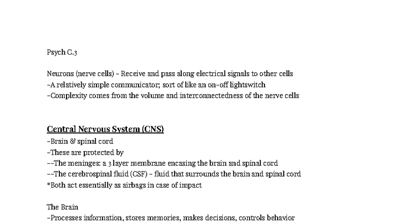 Psych C.3 Lecture Notes: Neurons, Brain Structure, and Behavior - Studocu