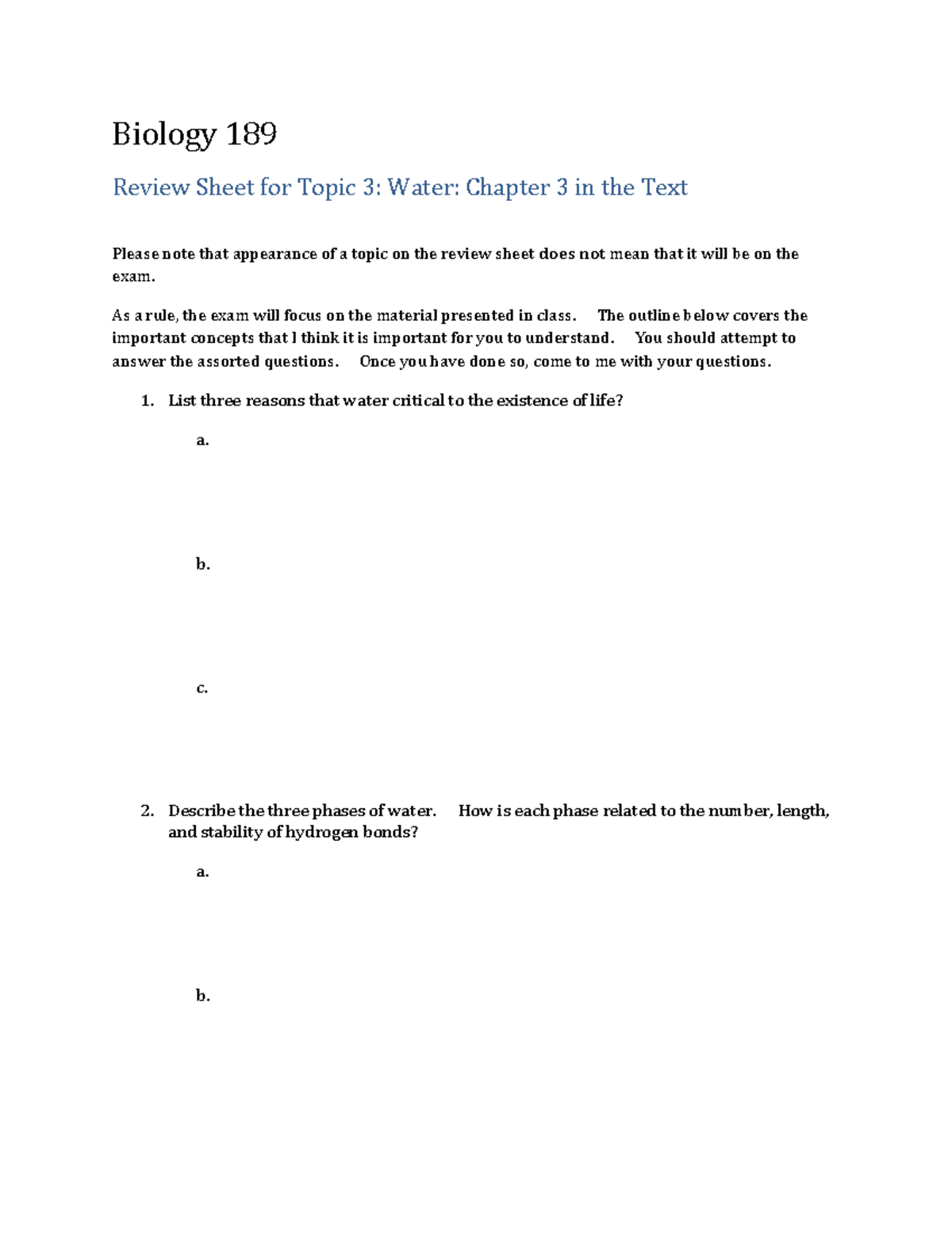Biology 189 Study Guide: Water Concepts for Chapter 3 - Studocu