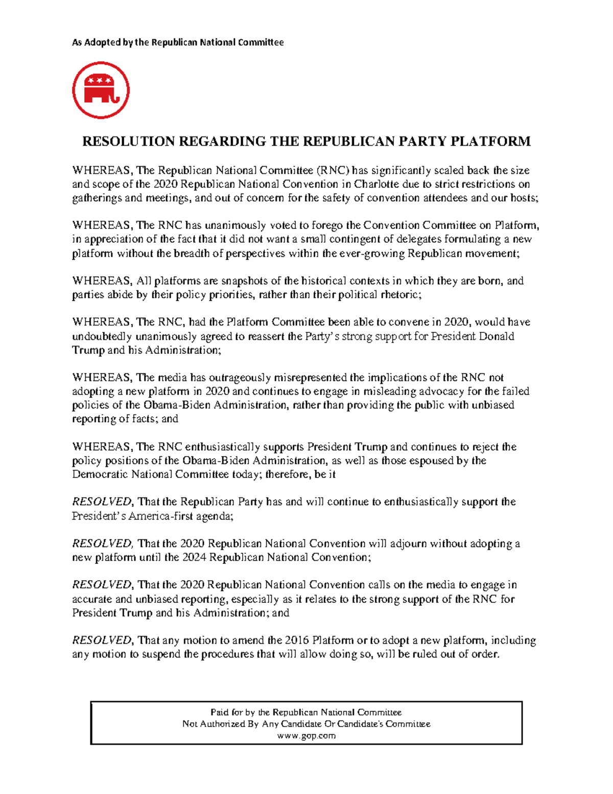 2020 RNC Resolution Supporting Trump & GOP Platform Adoption - Studocu