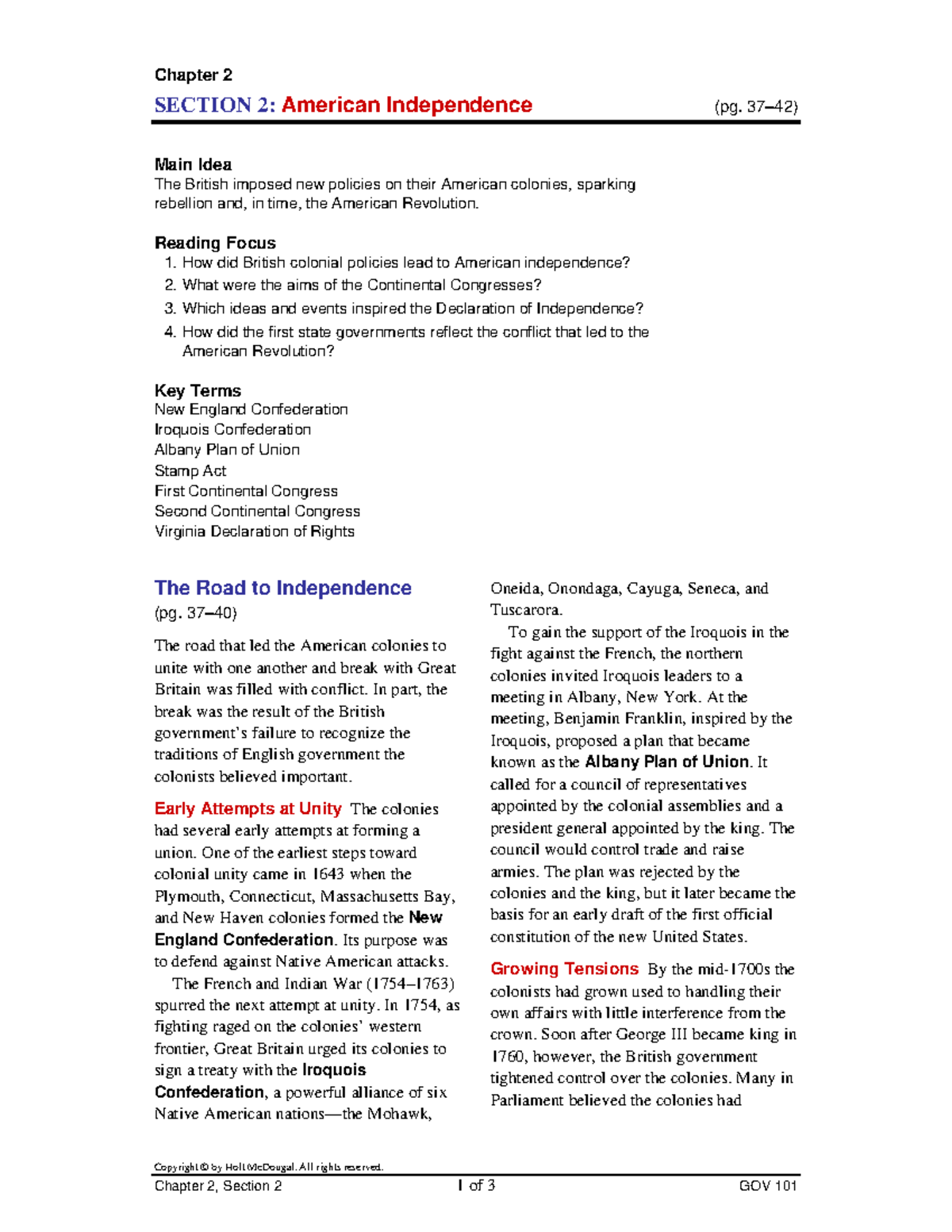 GOV 101 - Chapter 2: The Road to American Independence - Studocu