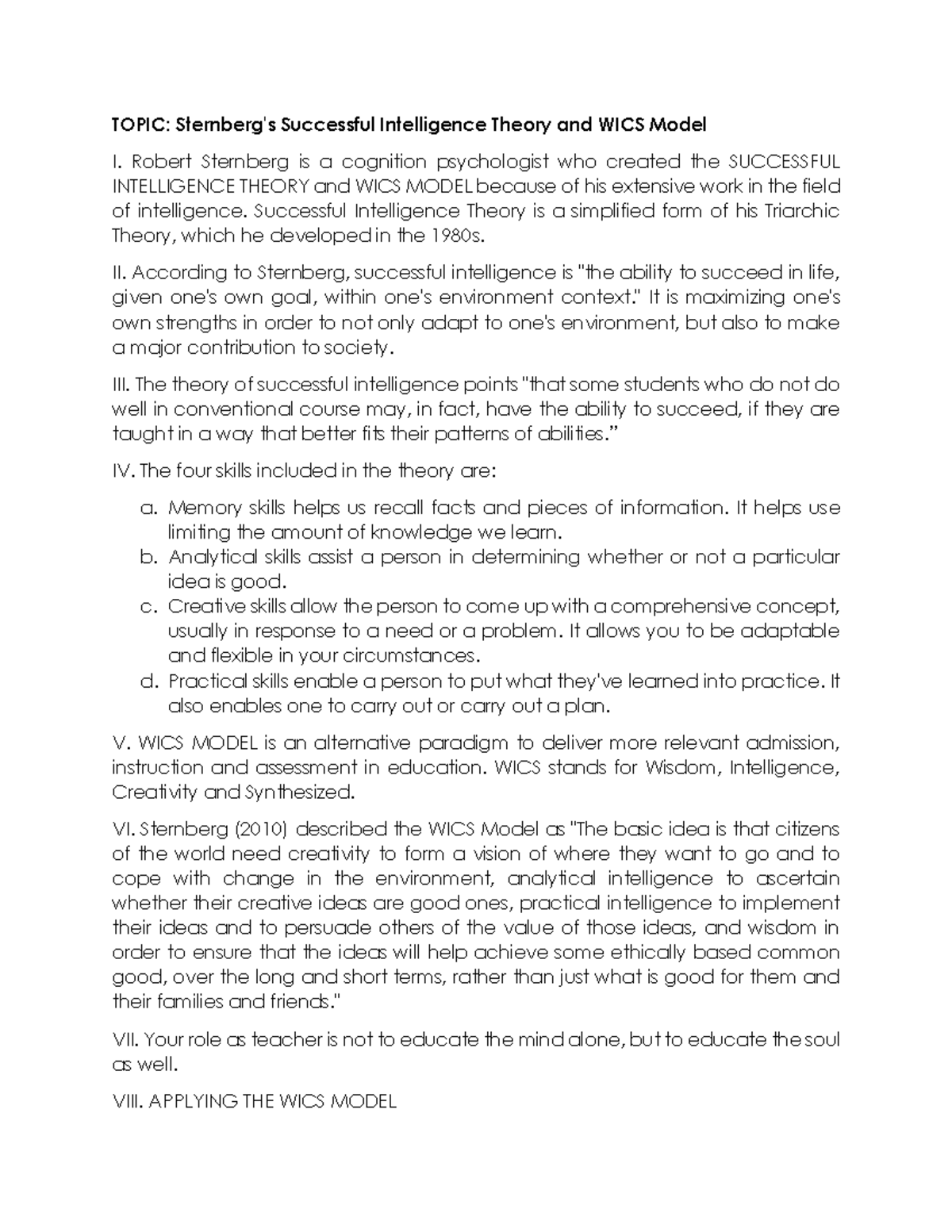 Sternberg's Successful Intelligence Theory & WICS Model Overview - Studocu