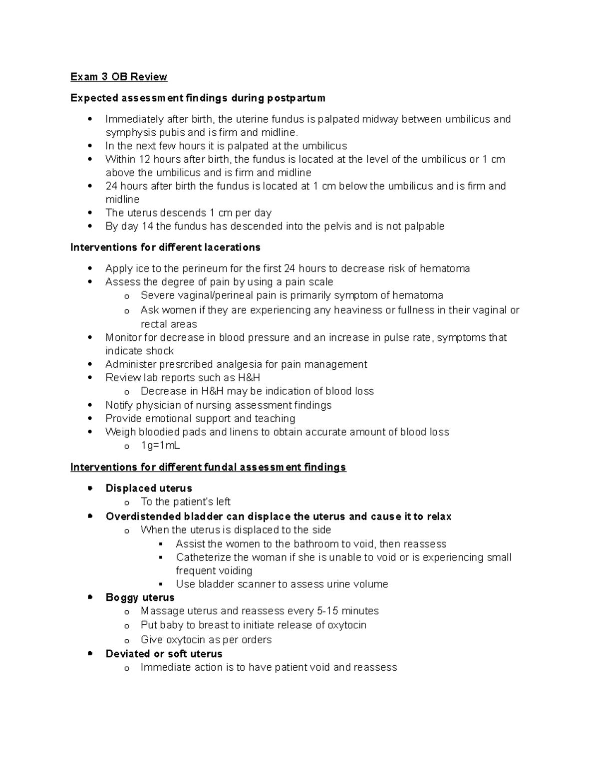 OB Exam 3 - Comprehensive Postpartum Nursing Notes - Studocu