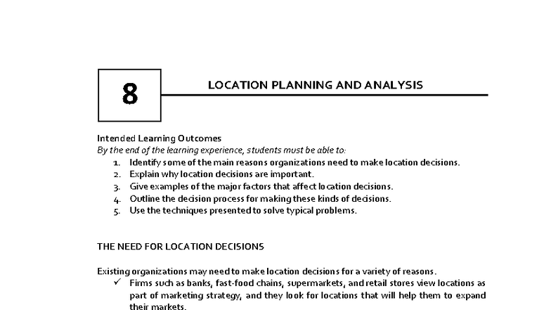 Cbmec 1: Chapter 8 - Location Planning and Analysis - Studocu