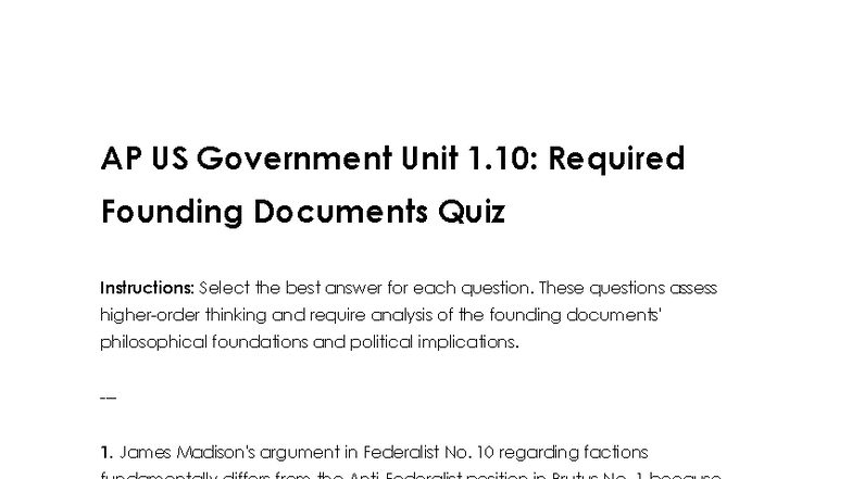 AP US Government Unit 1.10: Founding Documents Quiz Analysis - Studocu