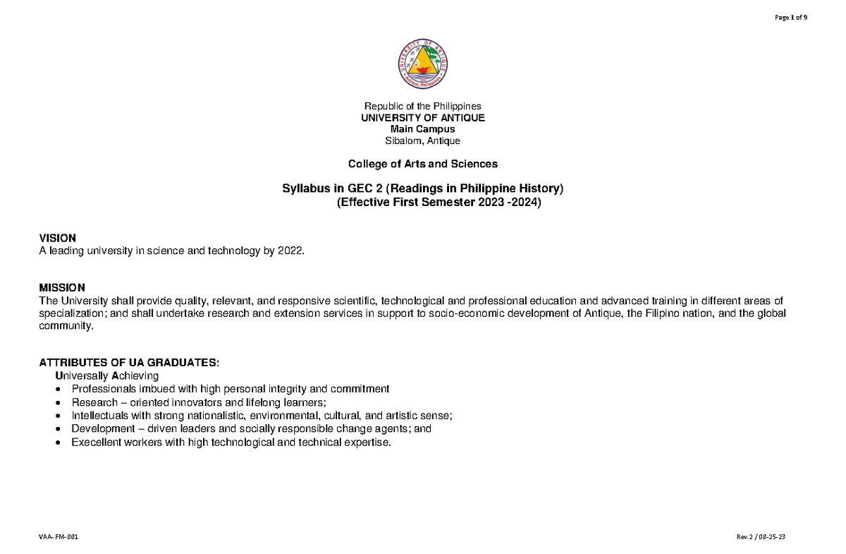 Syllabus for GEC 2: Readings in Philippine History (1st Sem 2023) - Studocu