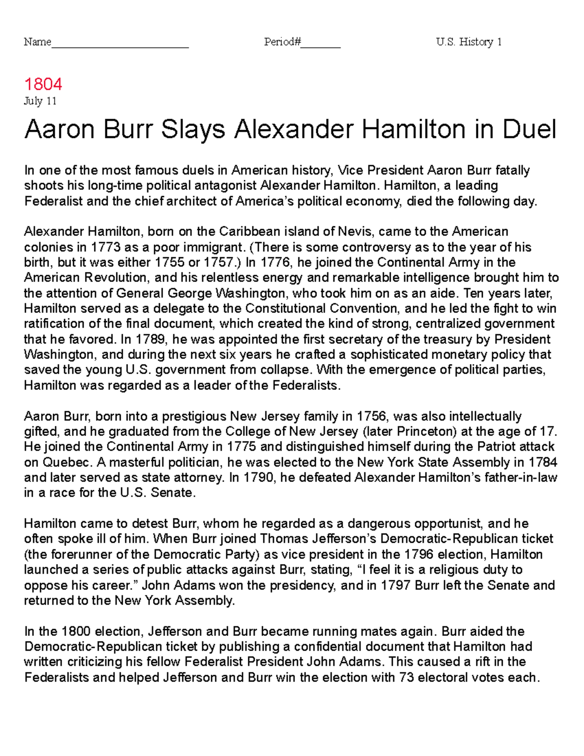 Worksheet: Hamilton Burr Duel Reading & Questions (US History 1) - Studocu