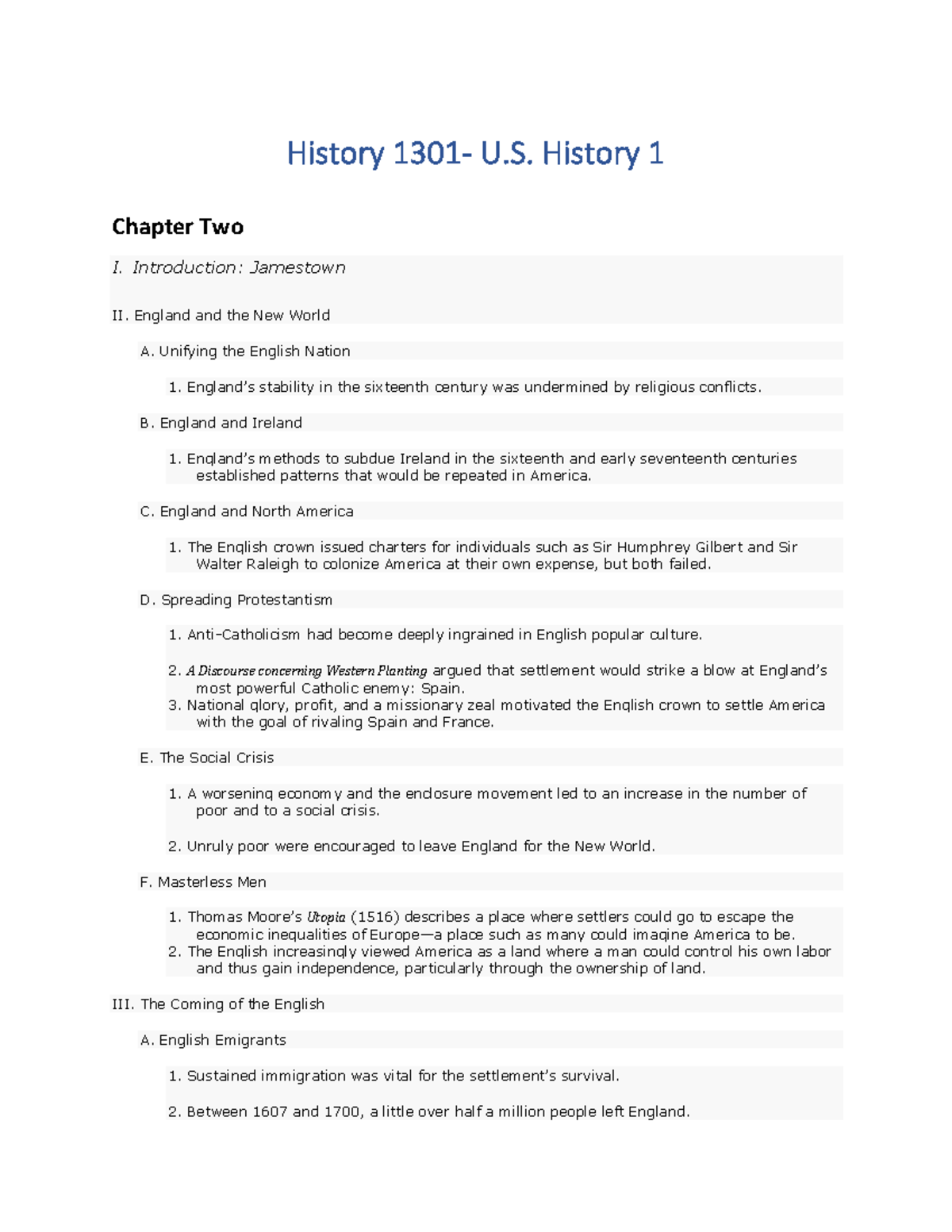 History 1301 - Chapter 2: Outline of U.S. Colonization and Society ...