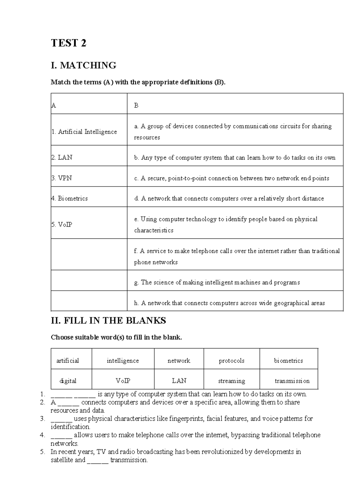 TEST 2 - 1231: Matching & Fill in the Blanks on AI & Networks - Studocu