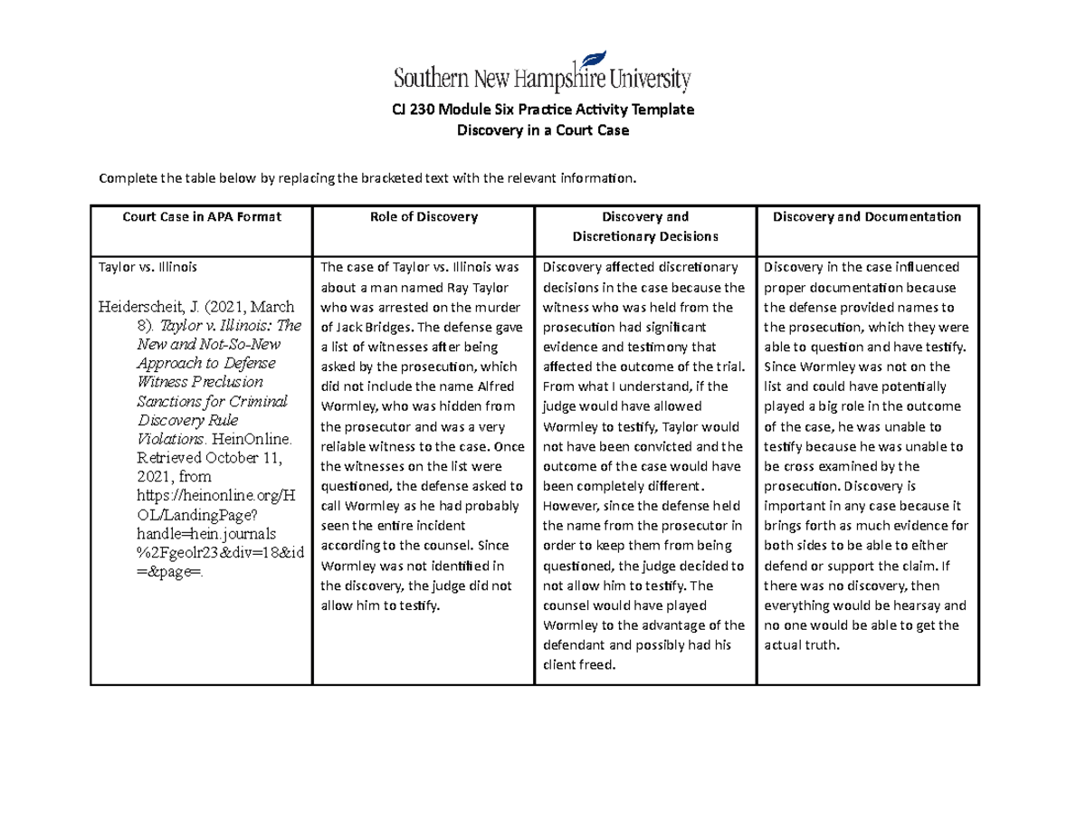 Freise CJ 230 Module Six Practice Activity Template - CJ 230 Module Six ...