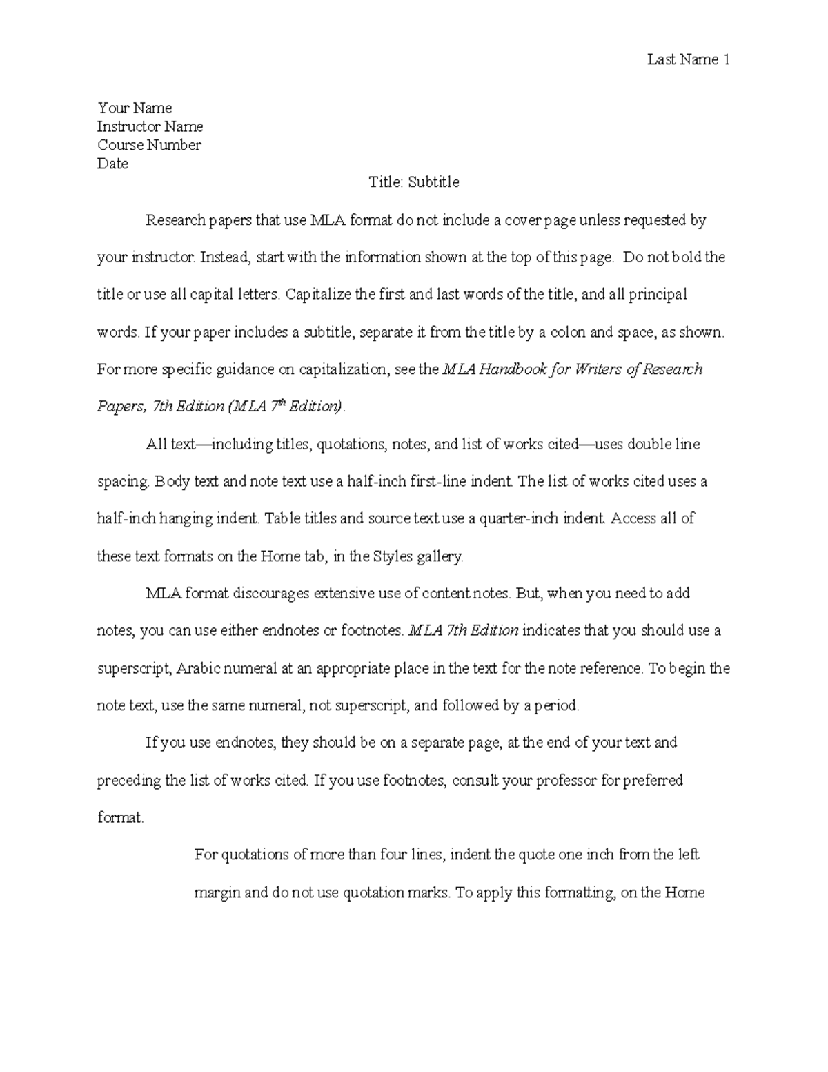 MLA template - example of MLA format - Your Name Instructor Name Course ...