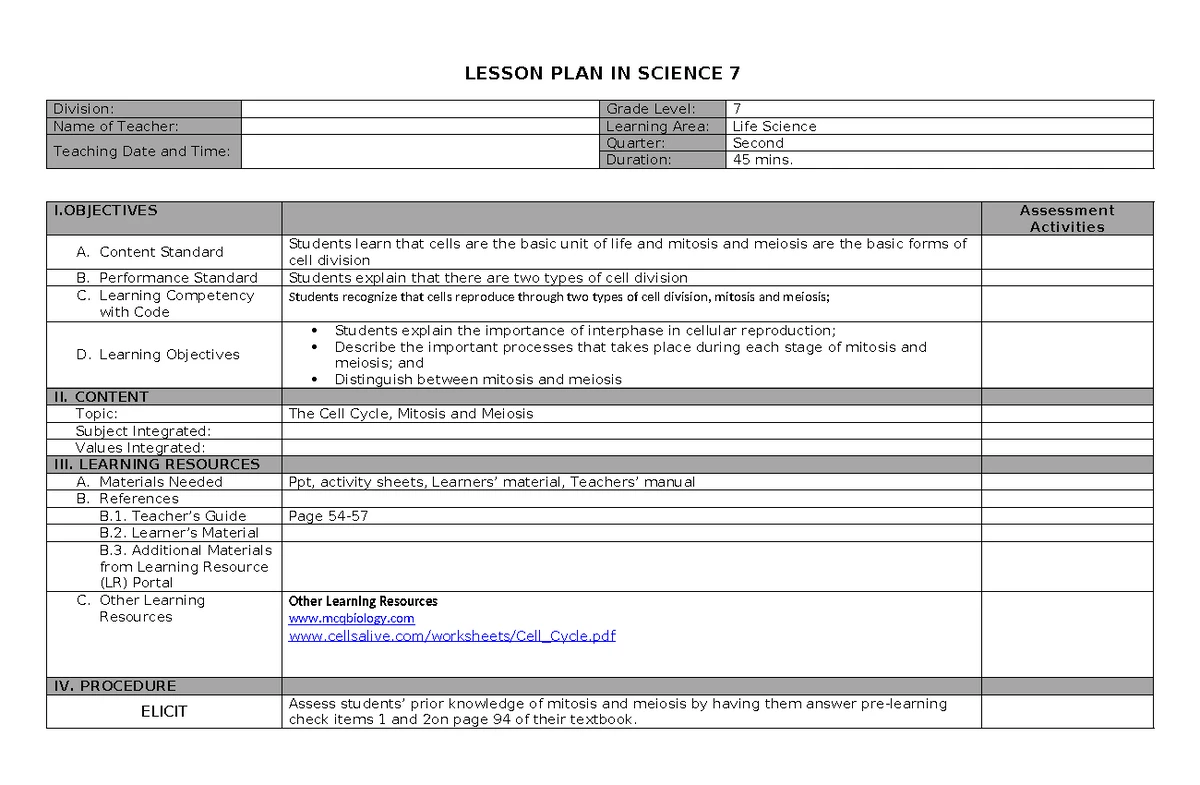 DLL S8LT-IVd-16 Cell Division Lesson Plan for Grade 7 Science - Studocu