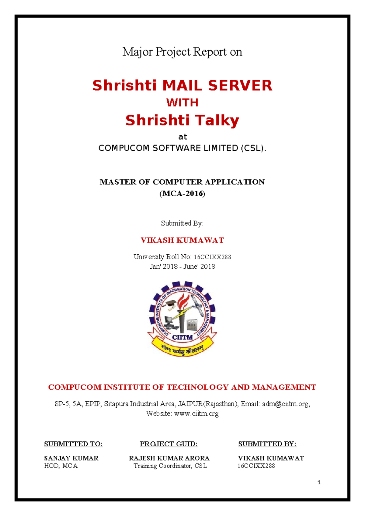 Major Project Report: Shrishti Mail Server & Talky at CSL (MCA) - Studocu