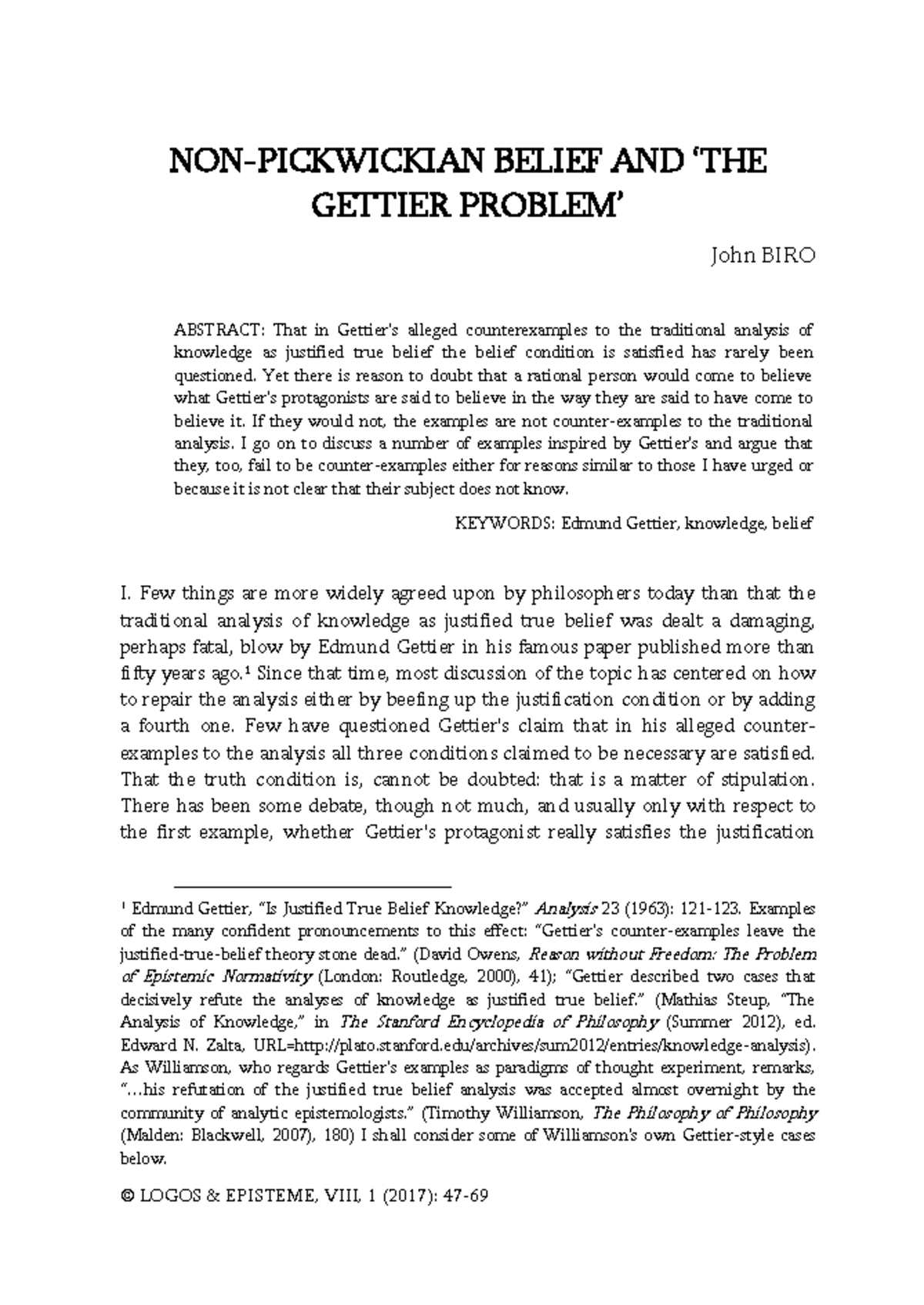 Non-Pickwickian Belief and the Gettier Problem: Analyzing Knowledge ...