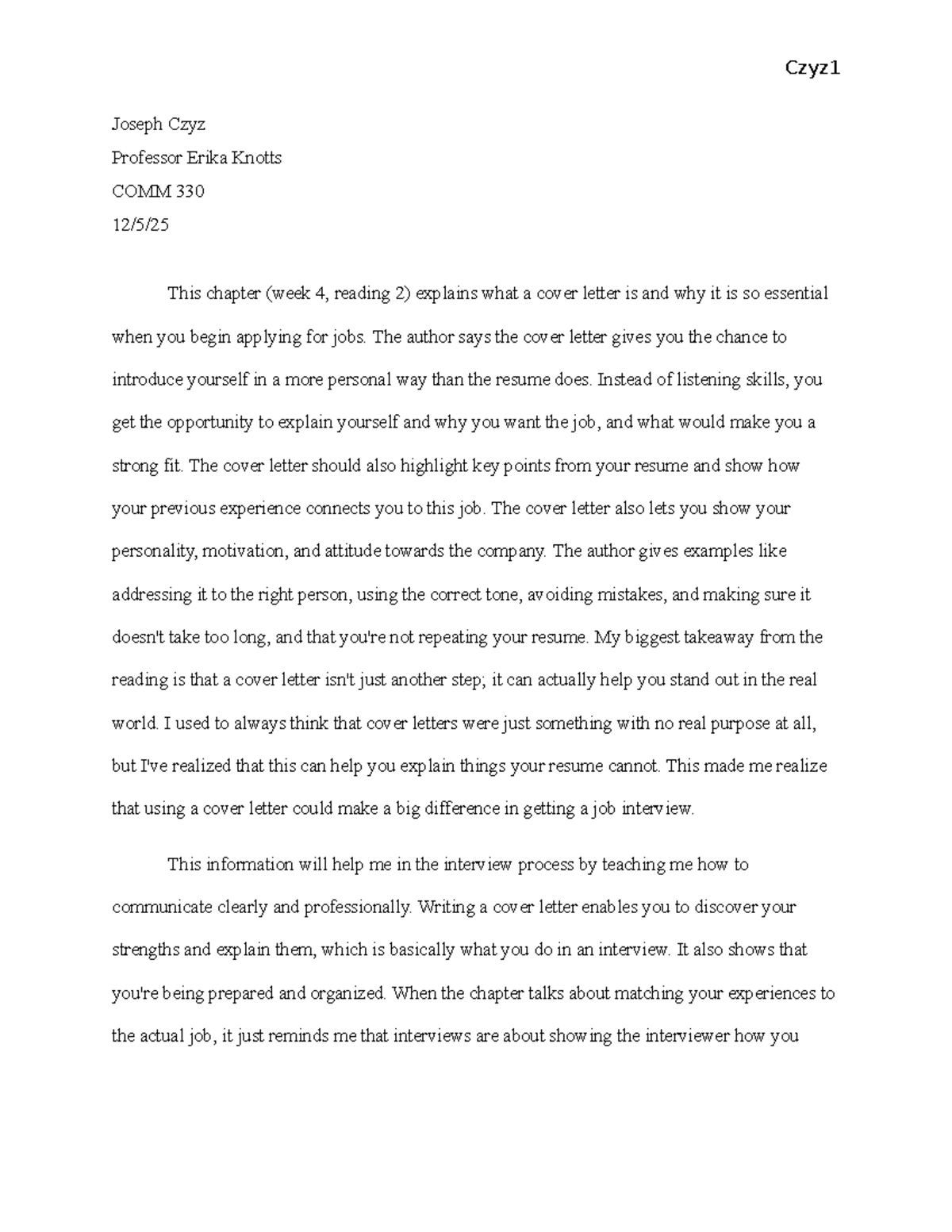 COMM 330 Week 4 Reading 2: The Importance of Cover Letters - Studocu