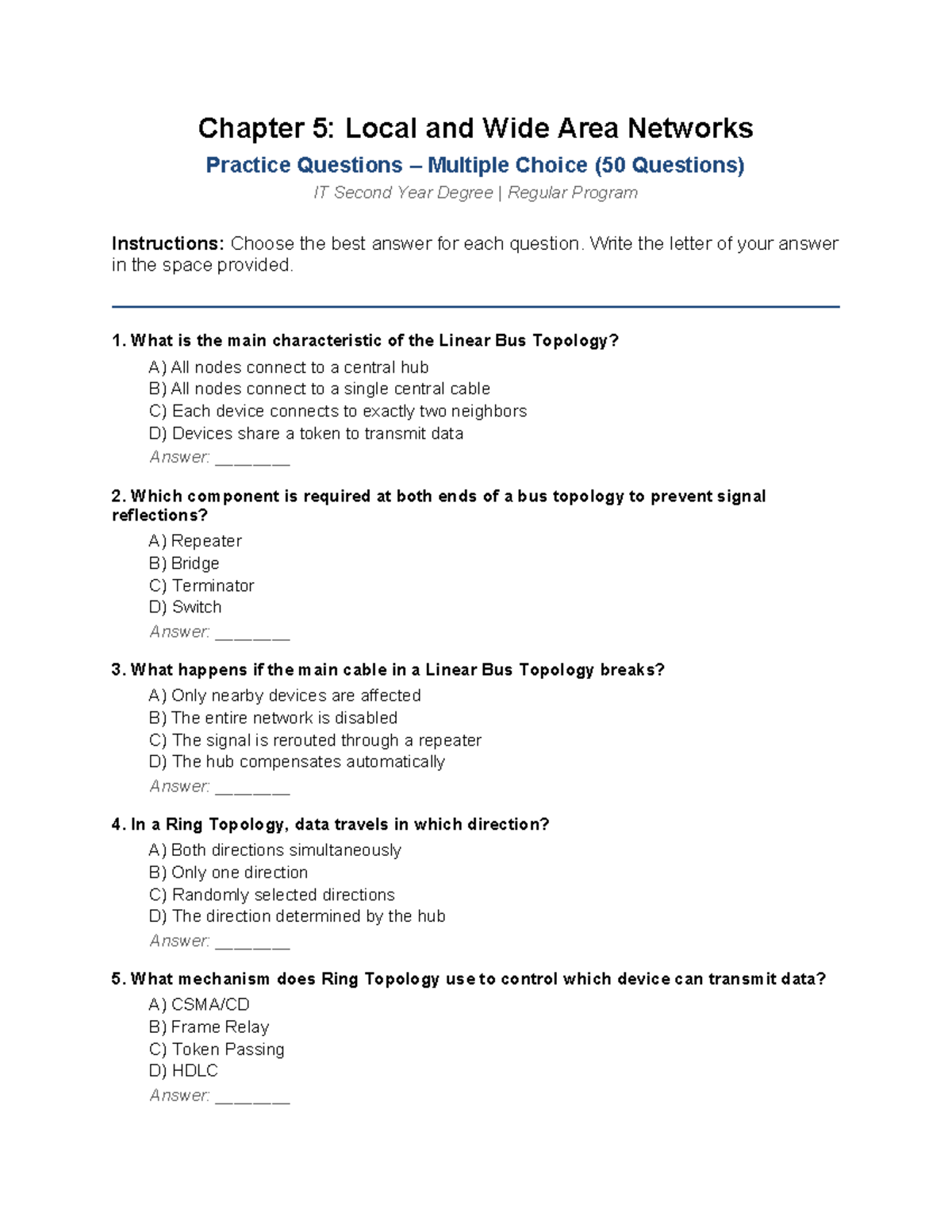 Chapter 5: Local and Wide Area Networks MCQs (50 Questions) IT 2nd Year ...