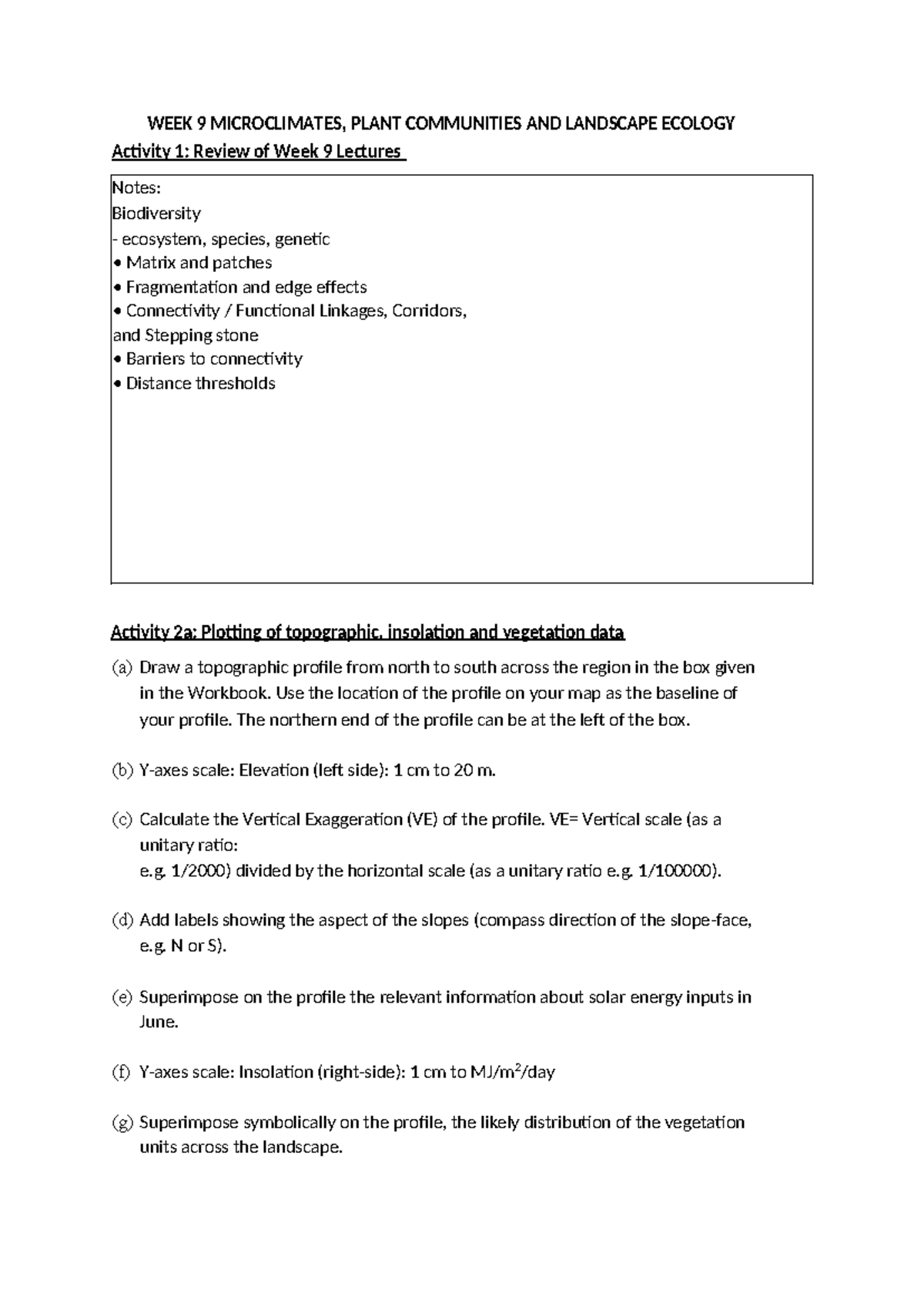 ENVS10001 Week 9: Microclimates & Landscape Ecology Workbook 2025 - Studocu