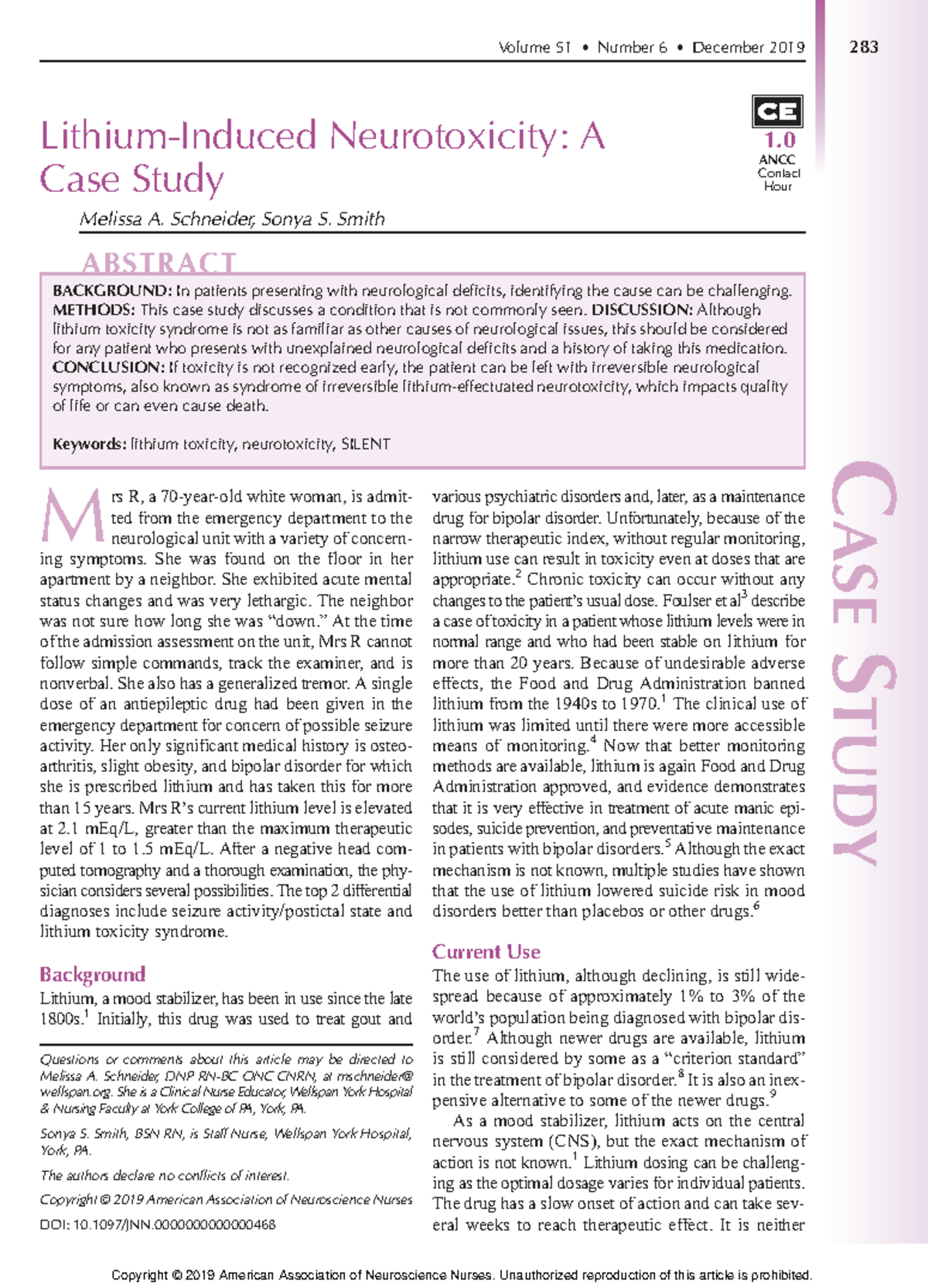 Lithium Toxicity Case Study: Neurotoxicity Insights (NURS 283) - Studocu