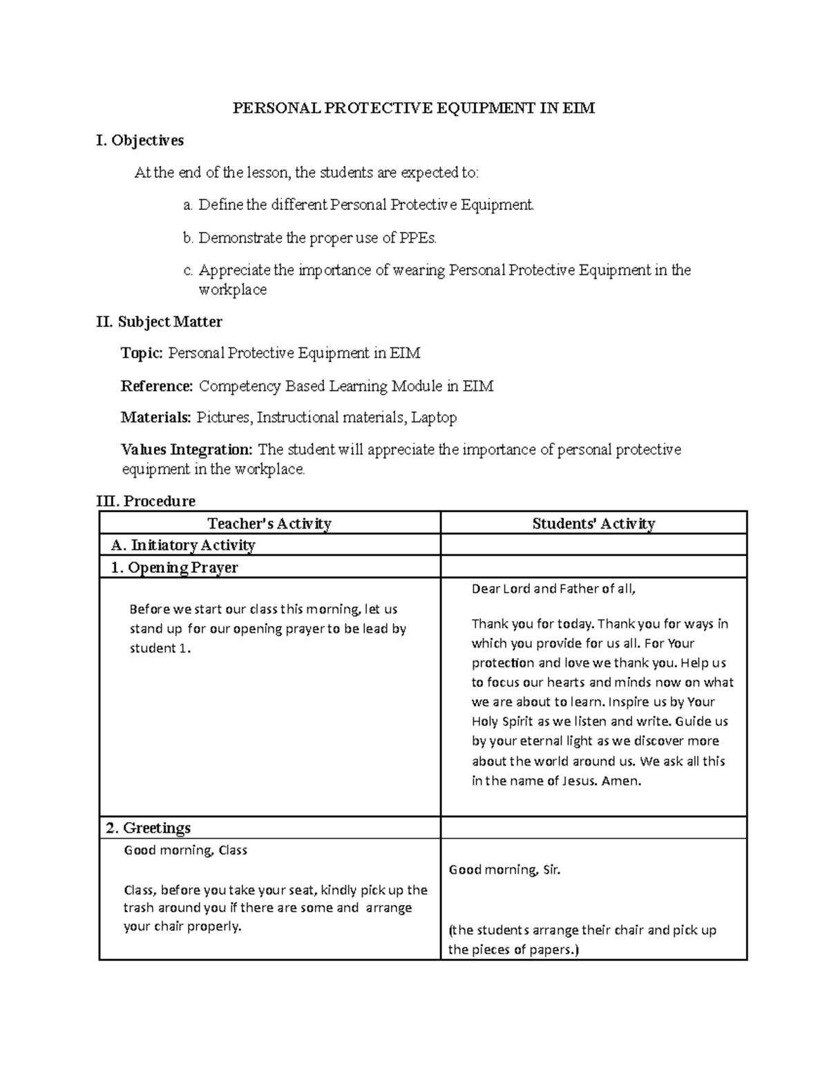 Reyes lesson plan - PERSONAL PROTECTIVE EQUIPMENT IN EIM I. Objectives ...
