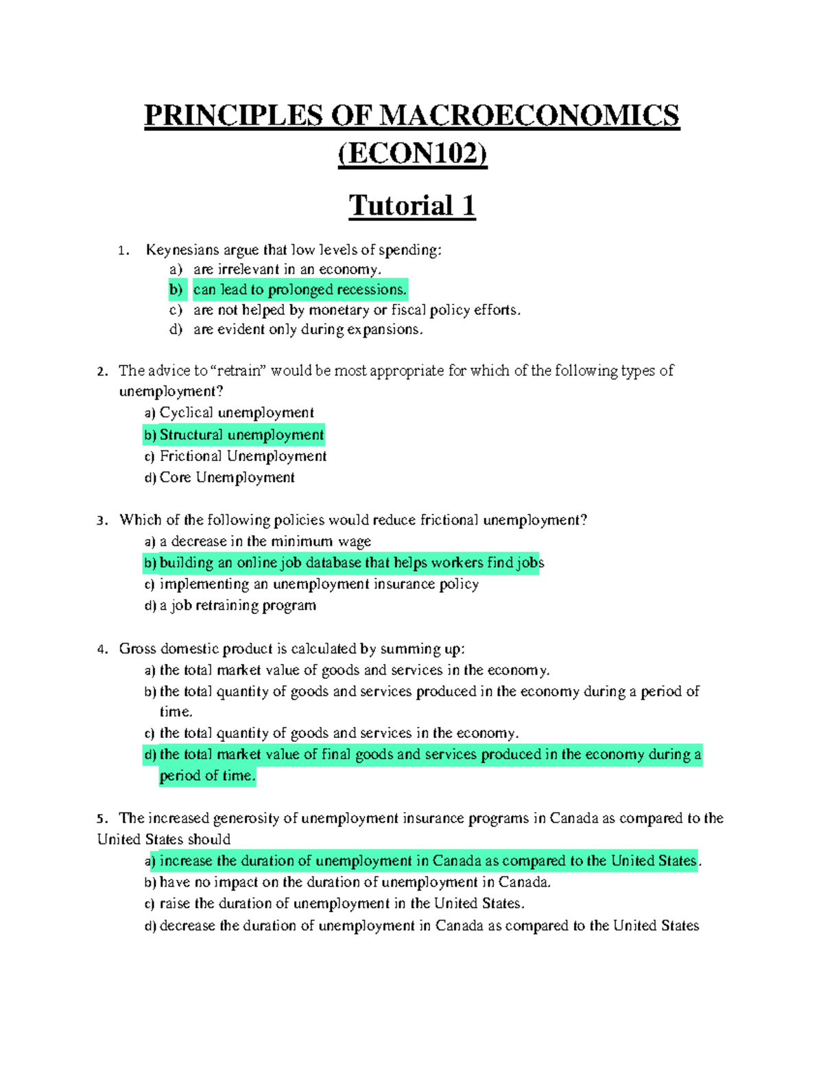 PRINCIPLES OF MACROECONOMICS (ECON102) Tutorial 1 Study Guide - Studocu